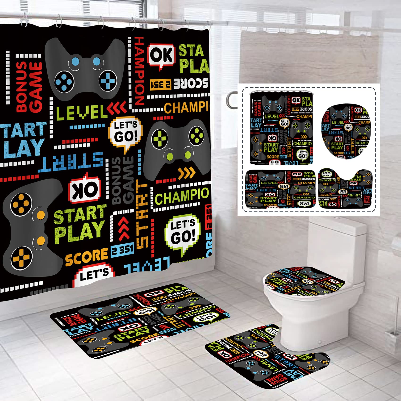 Amazon.com: NORBEY 4 Pcs Play Game Shower Curtain Set, Abstract ...