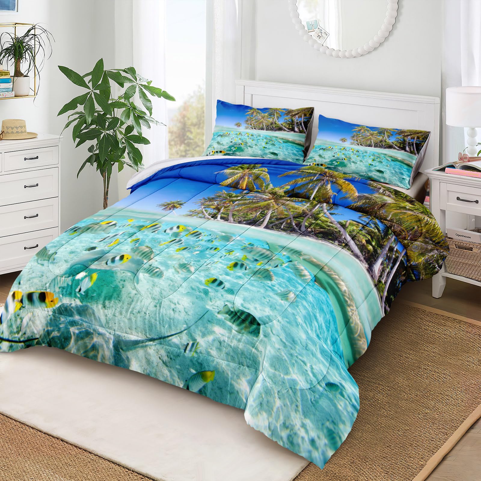 Amazon.com: Merryword Coastal Beach Comforter Set Queen Size Blue Ocean ...