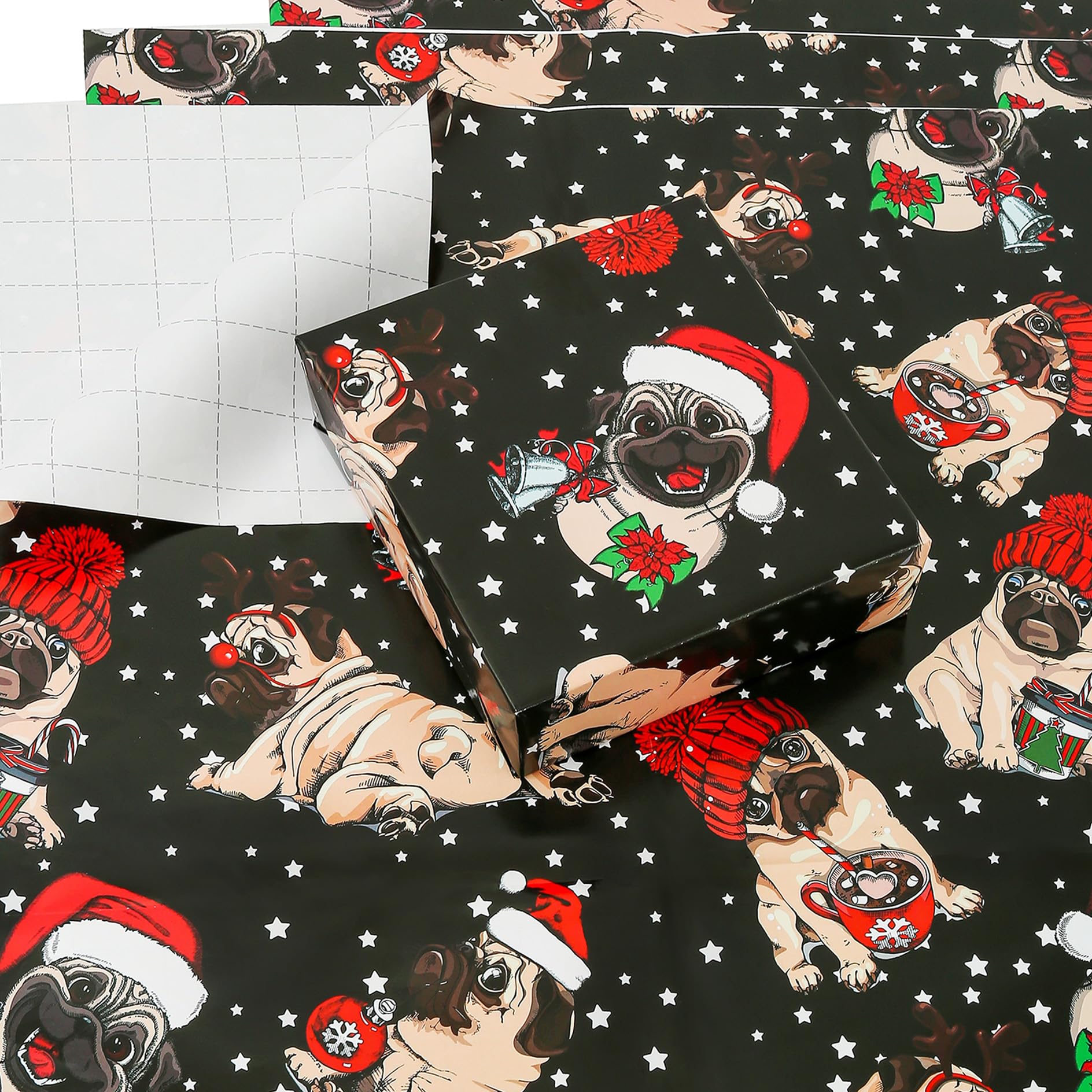 Amazon.com: U'COVER Dog Christmas Wrapping Paper - Funny Cute Pug Gift ...