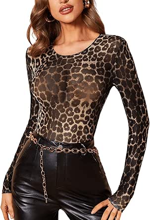 Amazon.com: Verdusa Women's Sheer Mesh Long Sleeve Leopard Print Fitted ...