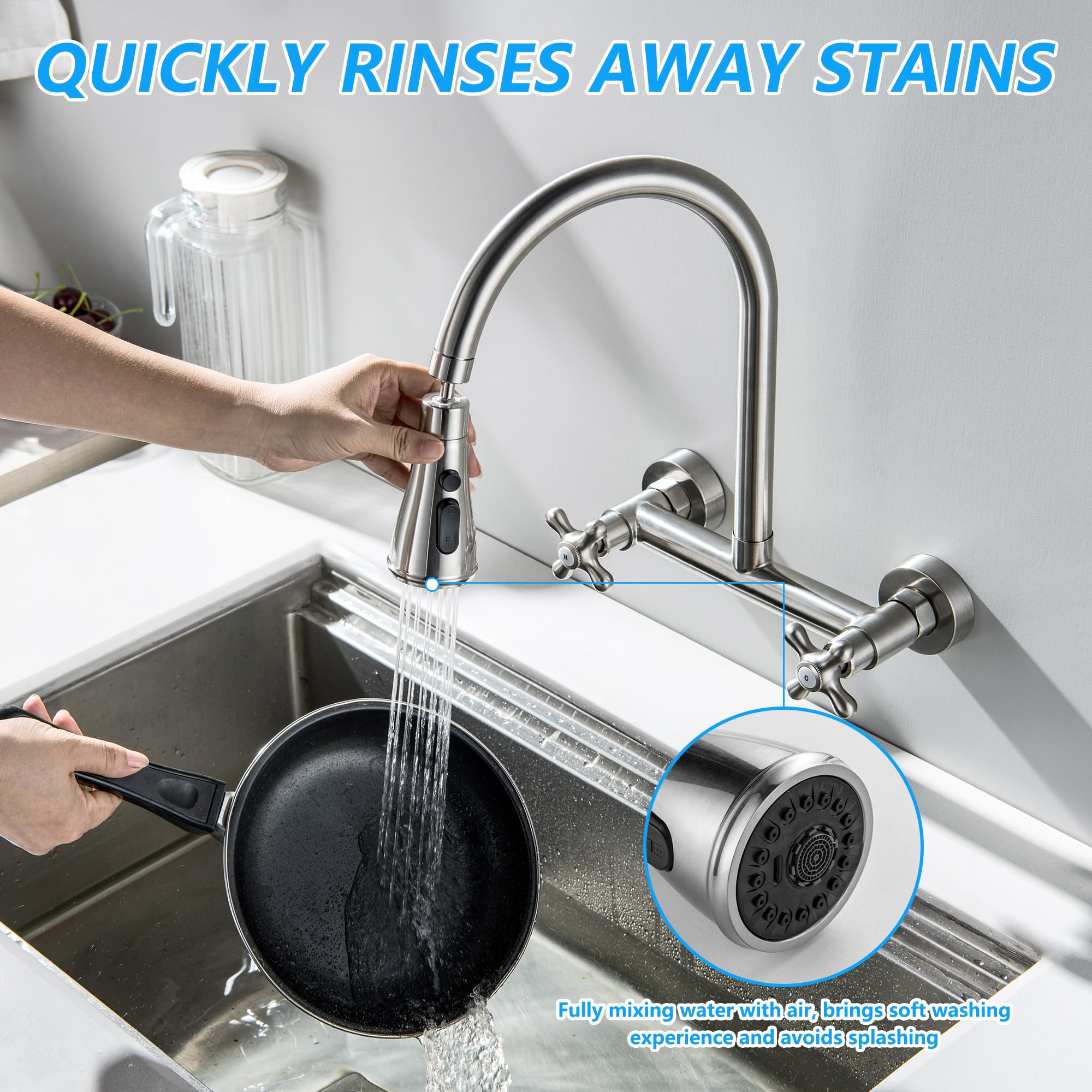 360 Degree Swivel Spout 8-Inch Wall Mount Kitchen Faucet With Spray Gun ...