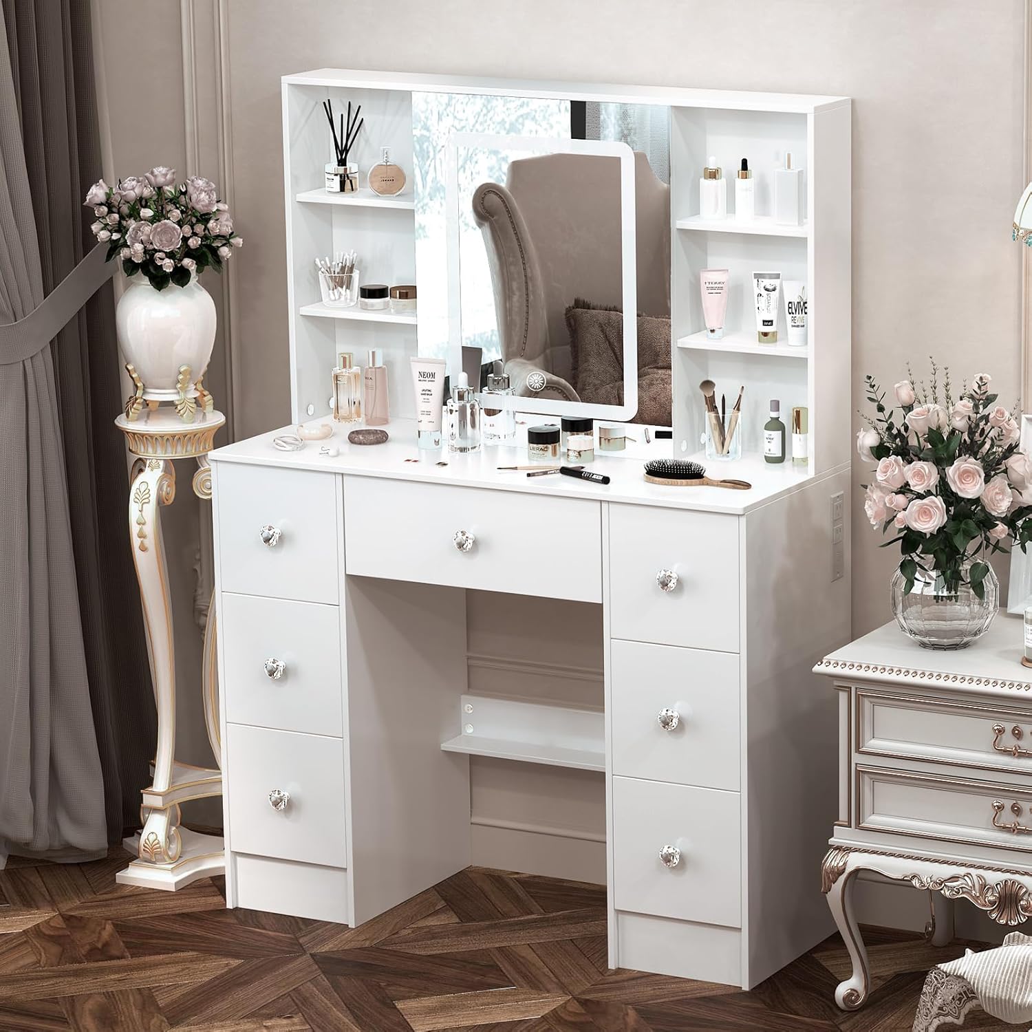 Amazon.com: Caulitar Make Up Vanity Desk with LED Mirror and Lights ...