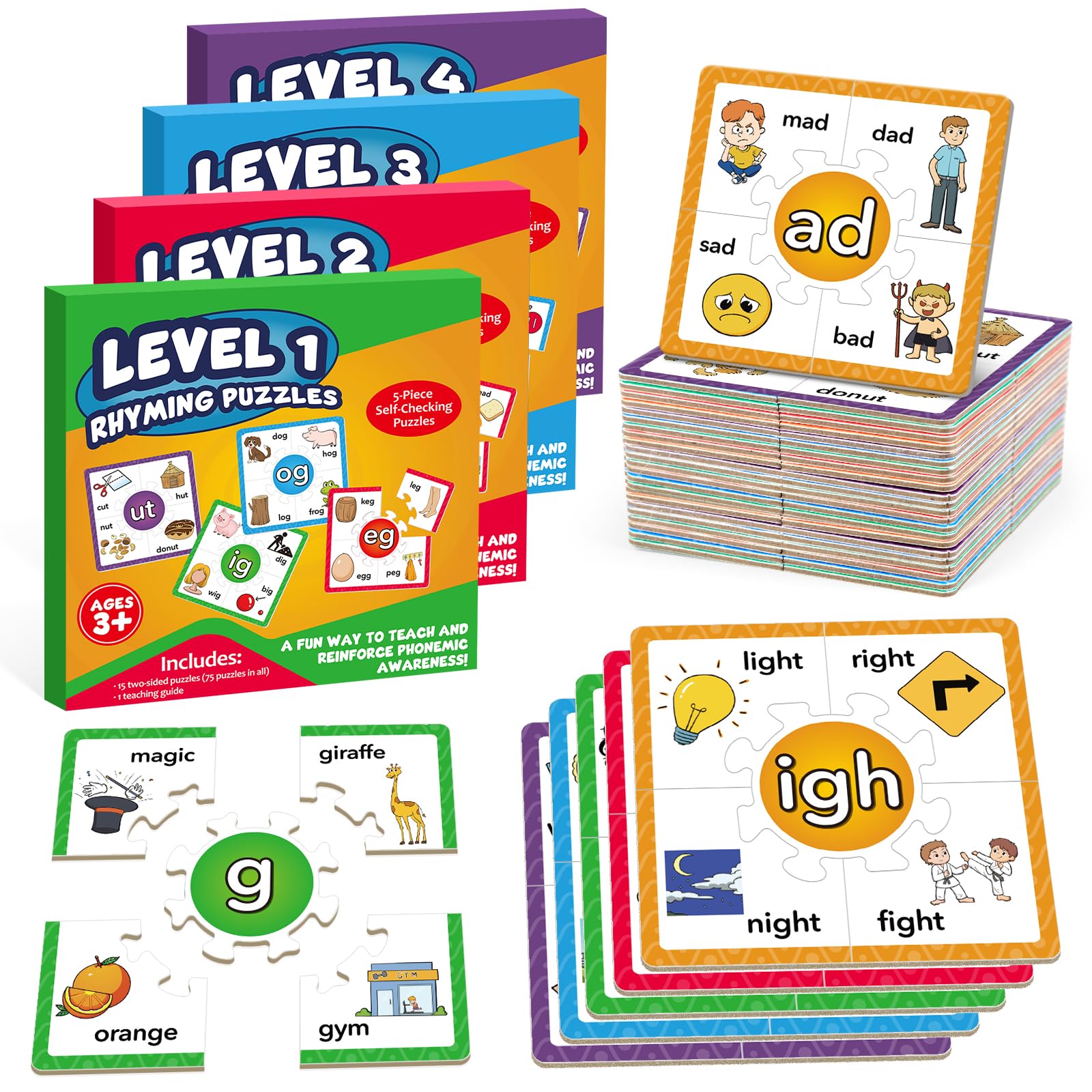 Snapklik.com : Phonics Puzzle Cards Level 1-4, Learn To Read Rhyming Games Phonics Flash Cards ...