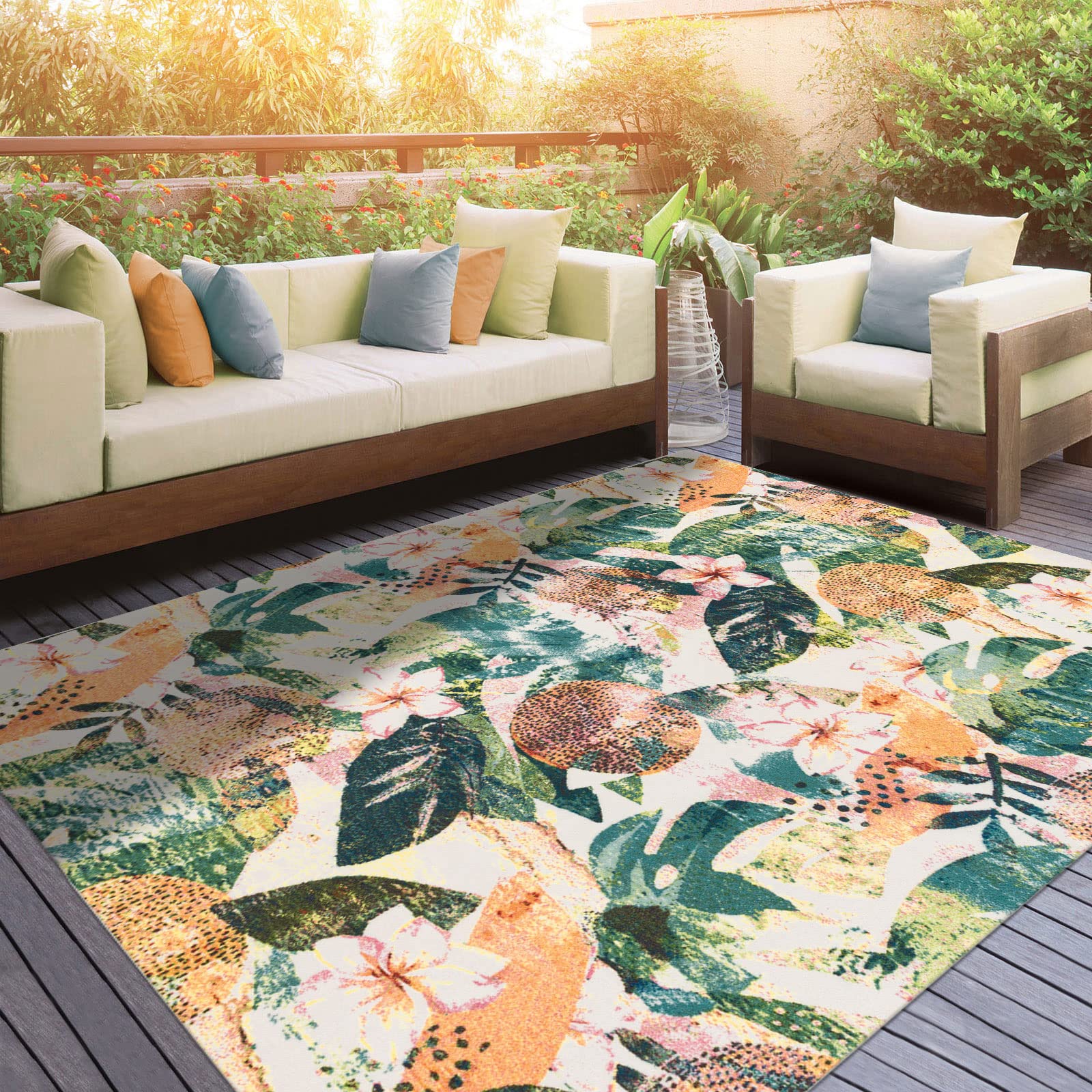 DECOMALL Colorful Outdoor Rug for Deck Backyard Large Carpet, Floral ...