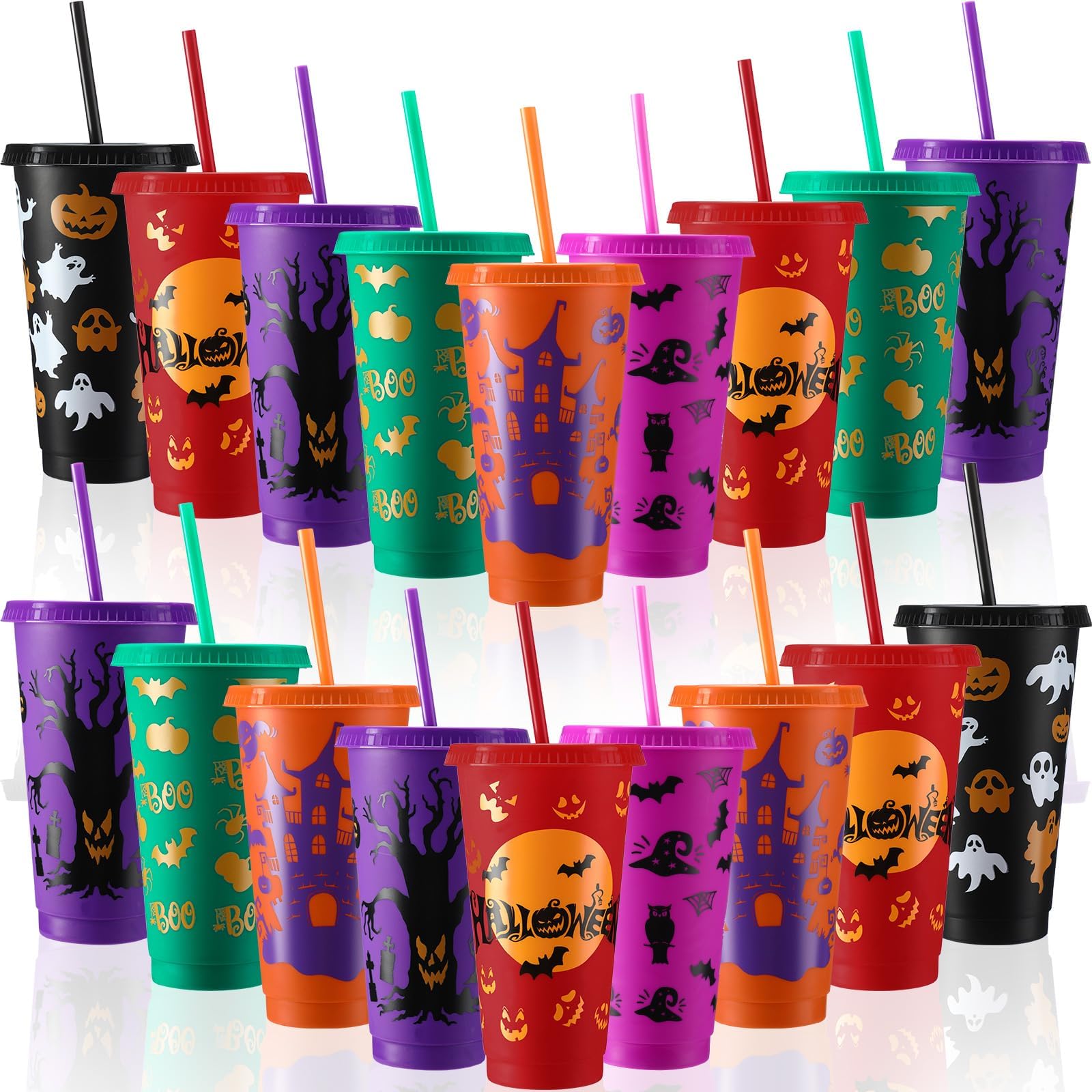 Amazon.com | SiliFine Halloween Plastic Cups with Lids and Straws ...