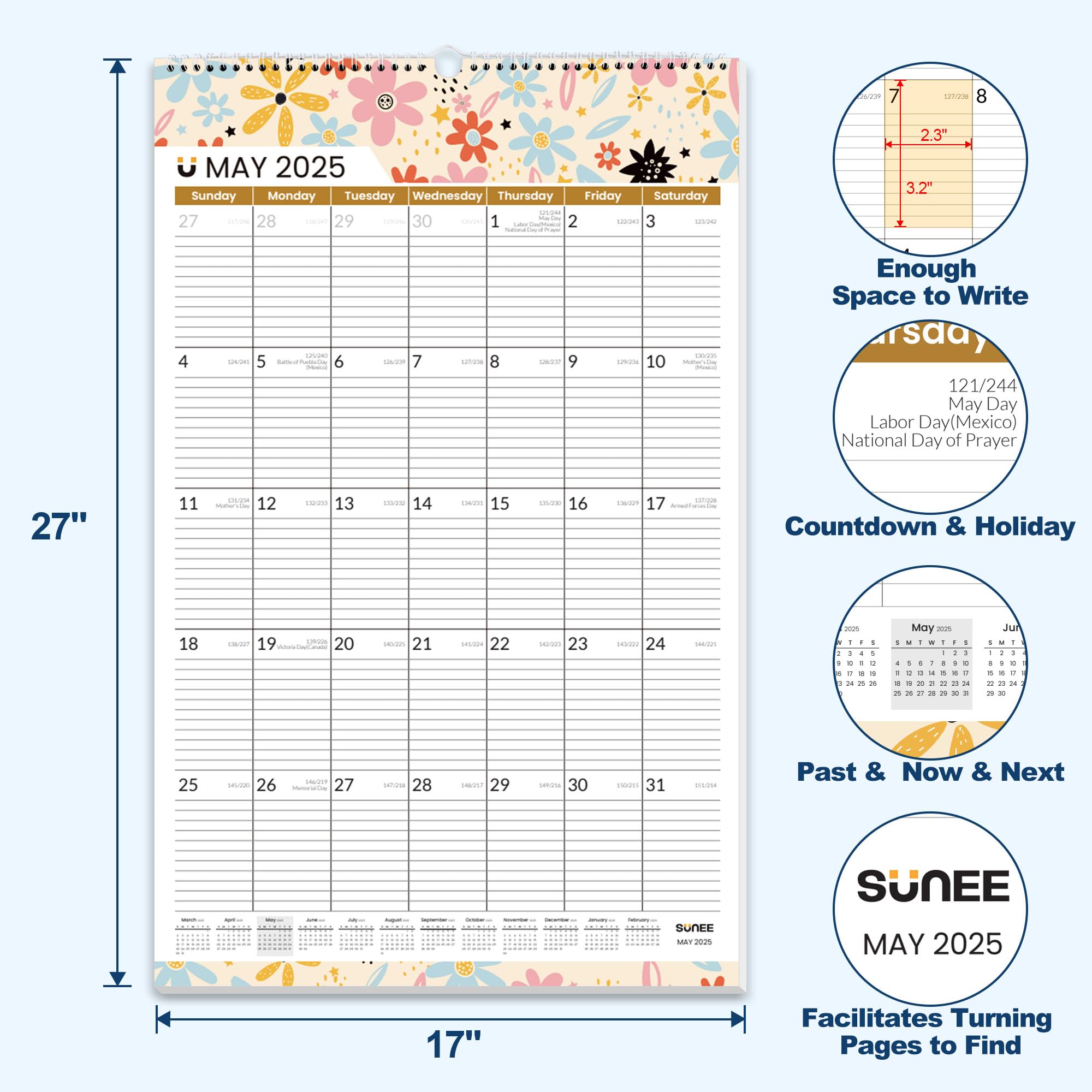 Snapklik.com : SUNEE 2025 Wall Calendar Extra Large 17"x27"
