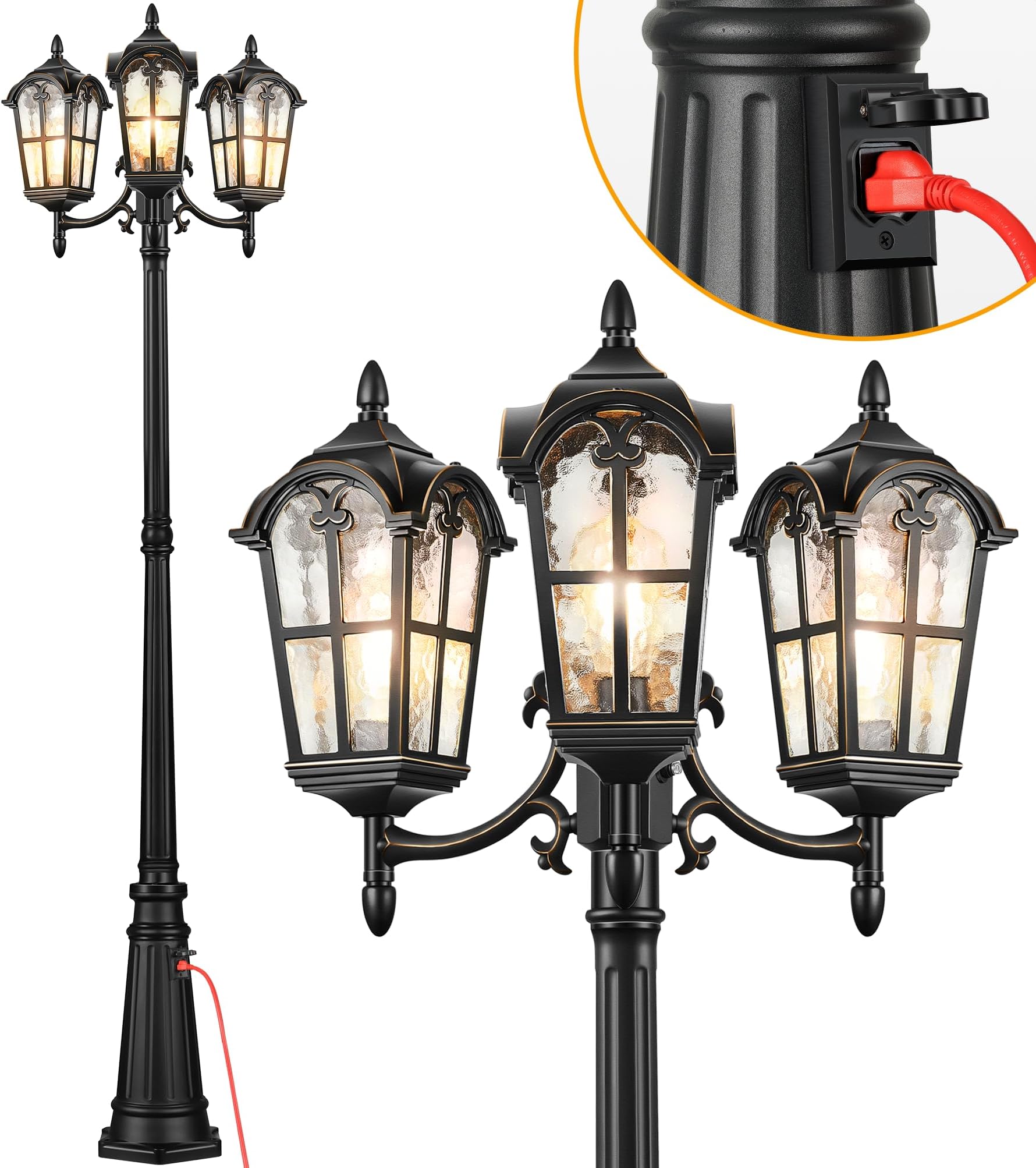 VIANIS 3-Head Outdoor Lamp Post Light Fixture with Outlet, Black Dusk ...