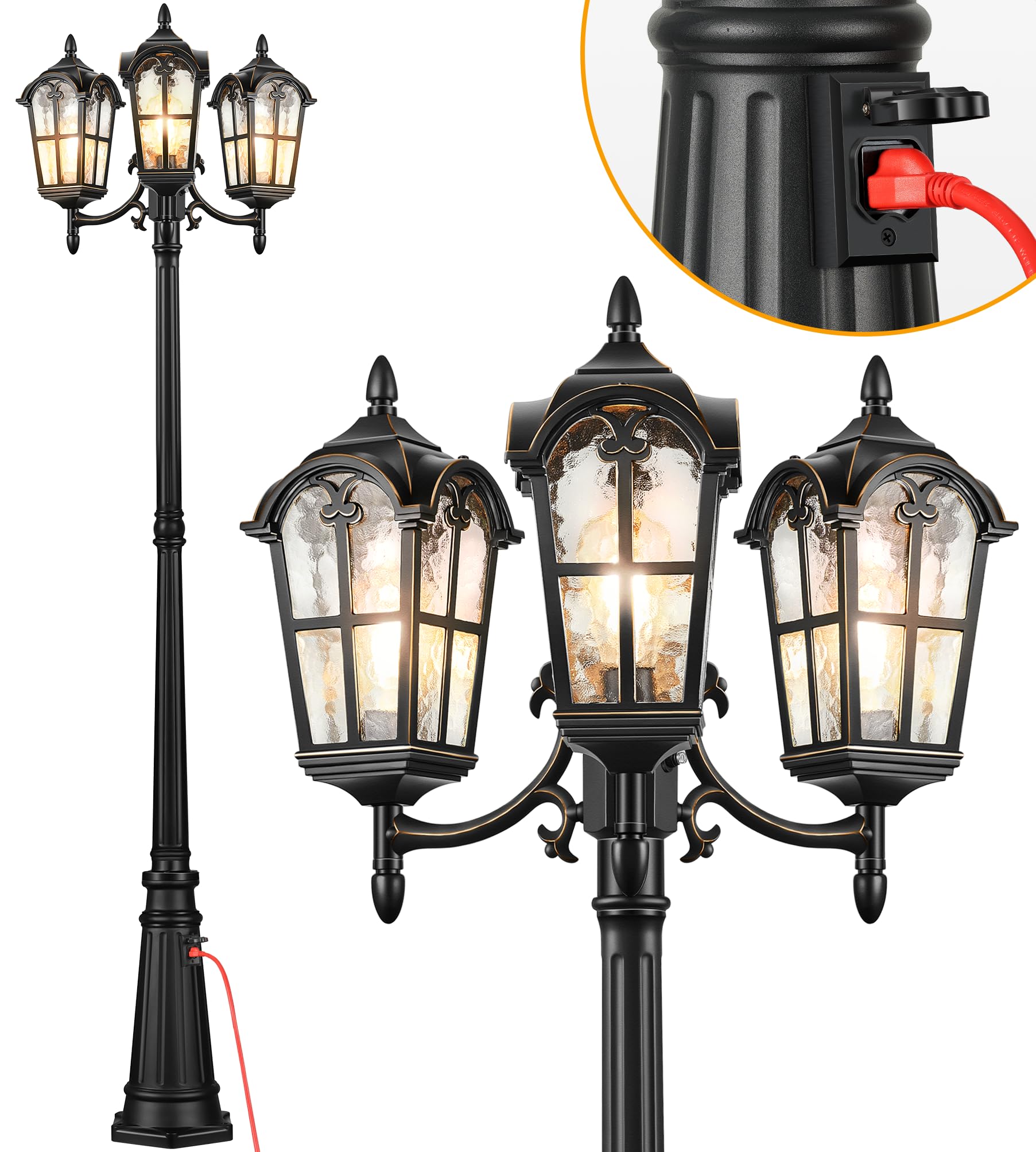 VIANIS 3-Head Outdoor Lamp Post Light Fixture with Outlet, Black Dusk ...