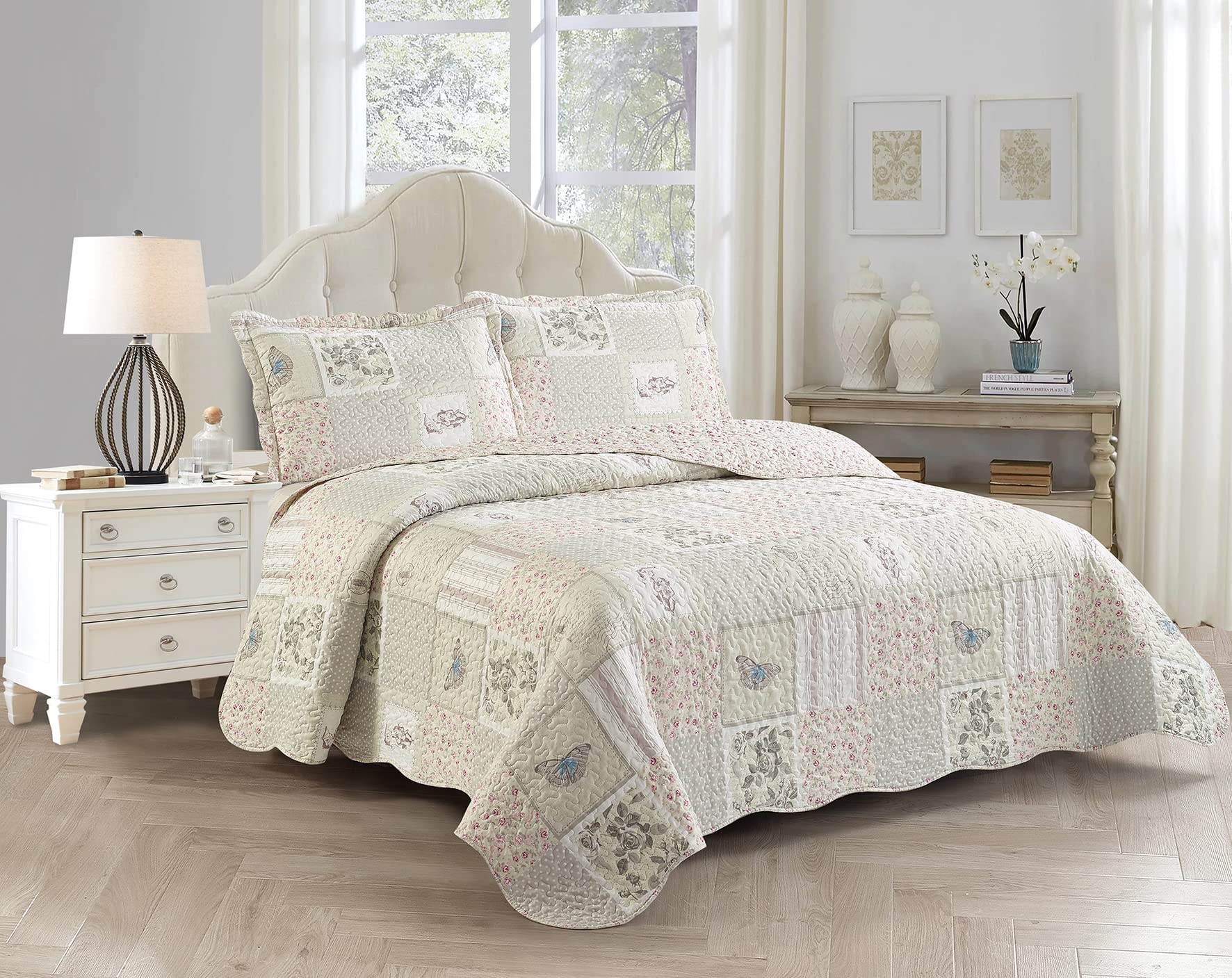 Brilliant Sunshine Grey Angel and Pink Floral Patchwork, 3-Piece Quilt ...