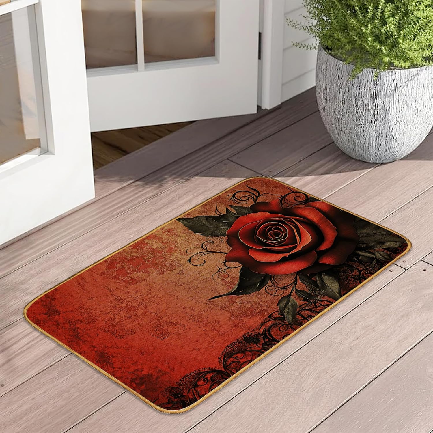 Amazon.com: Vintage Red Rose Door Mat 17"x29",Abstract Flower Doormat ...