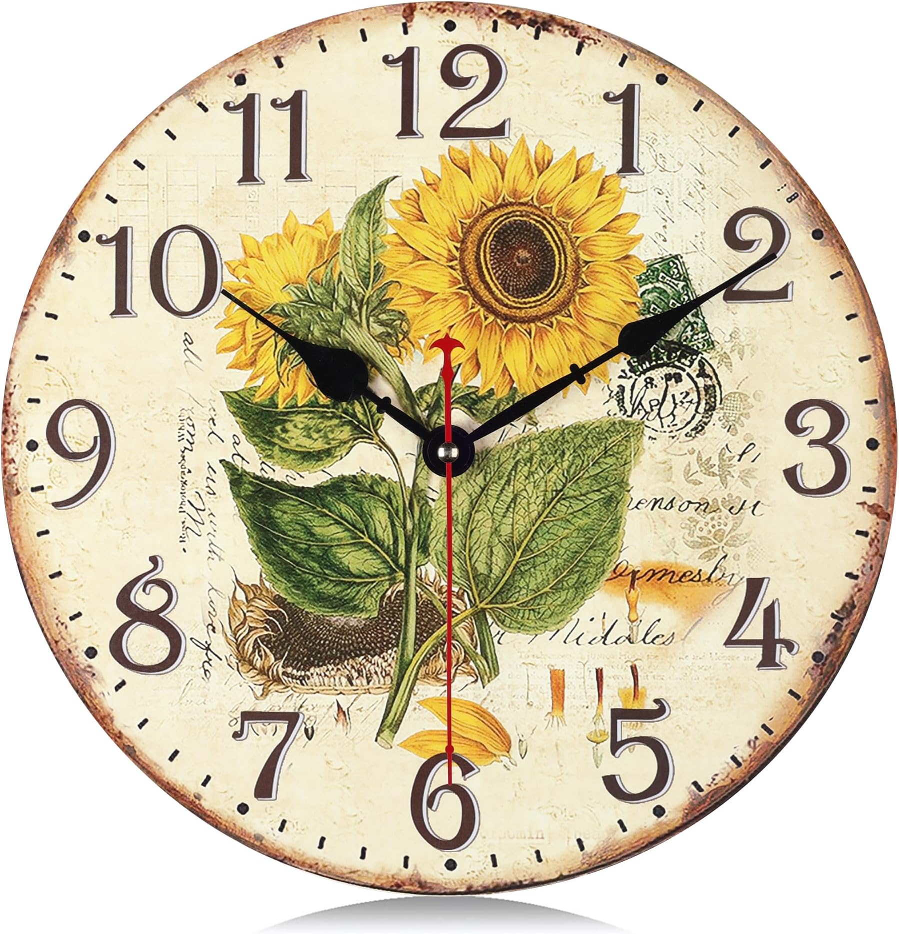 Lafocuse Wooden Yellow Sunflower Wall Clock Silent Non Ticking 12 Inch ...