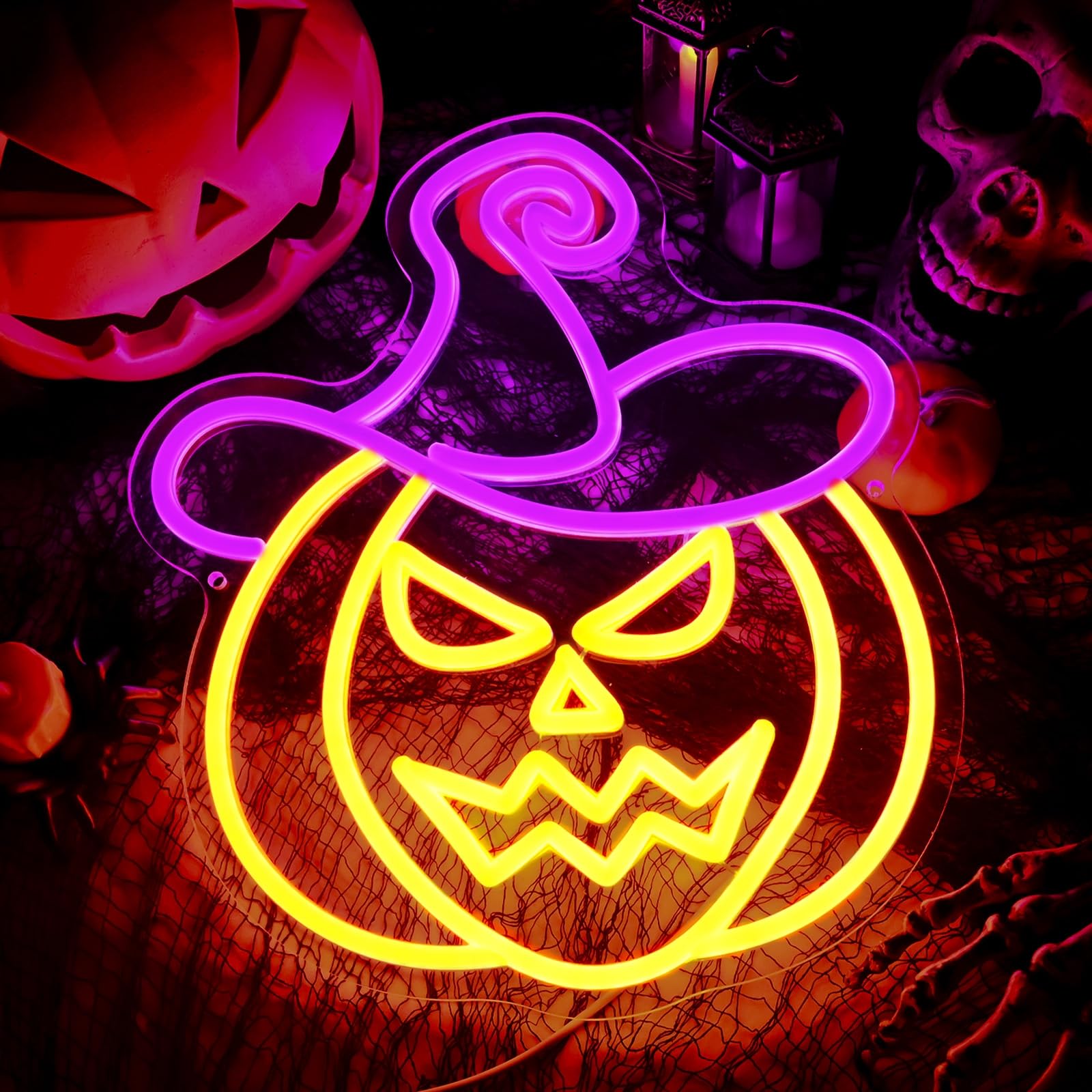 Snapklik.com : Halloween Pumpkin Neon Sign, Orange Purple Wizard Hat ...