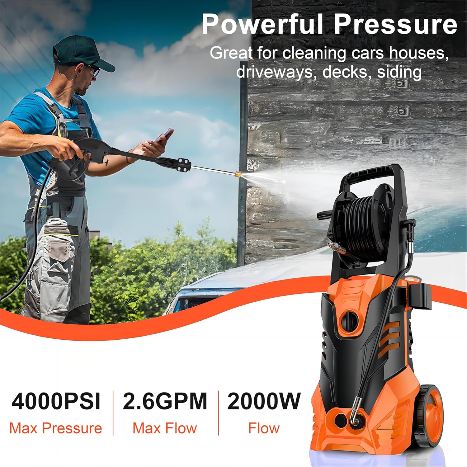 Save 50% • 2200W 2.0 GPM Electric Pressure Washer with 5 Nozzles Orange