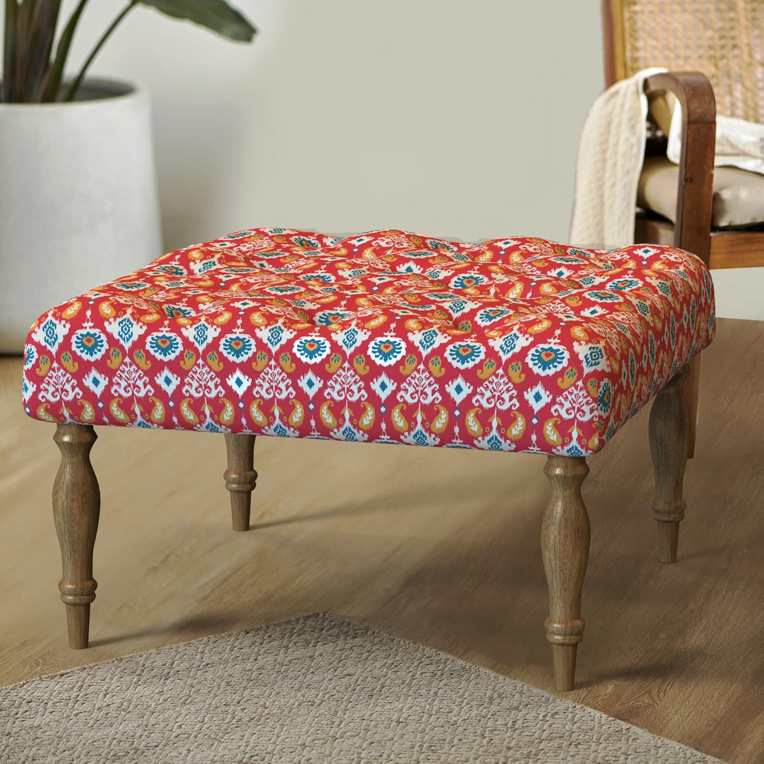 Chumbak English Ottoman - Red Ikkat (2 Seater Ottoman, Sheesham Wood ...