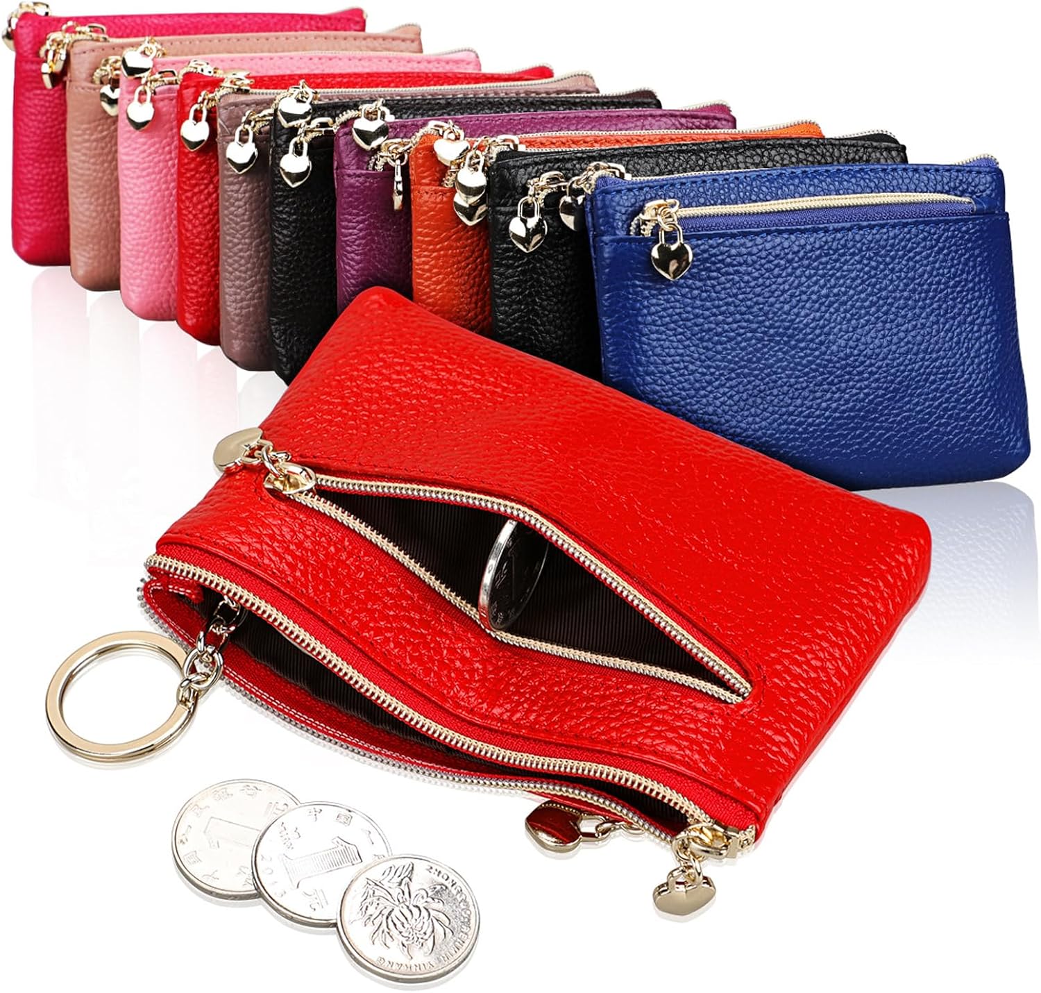 Amazon.com: Leather Coin Purse 3 Zippers Pocket Size Pouch Change ...