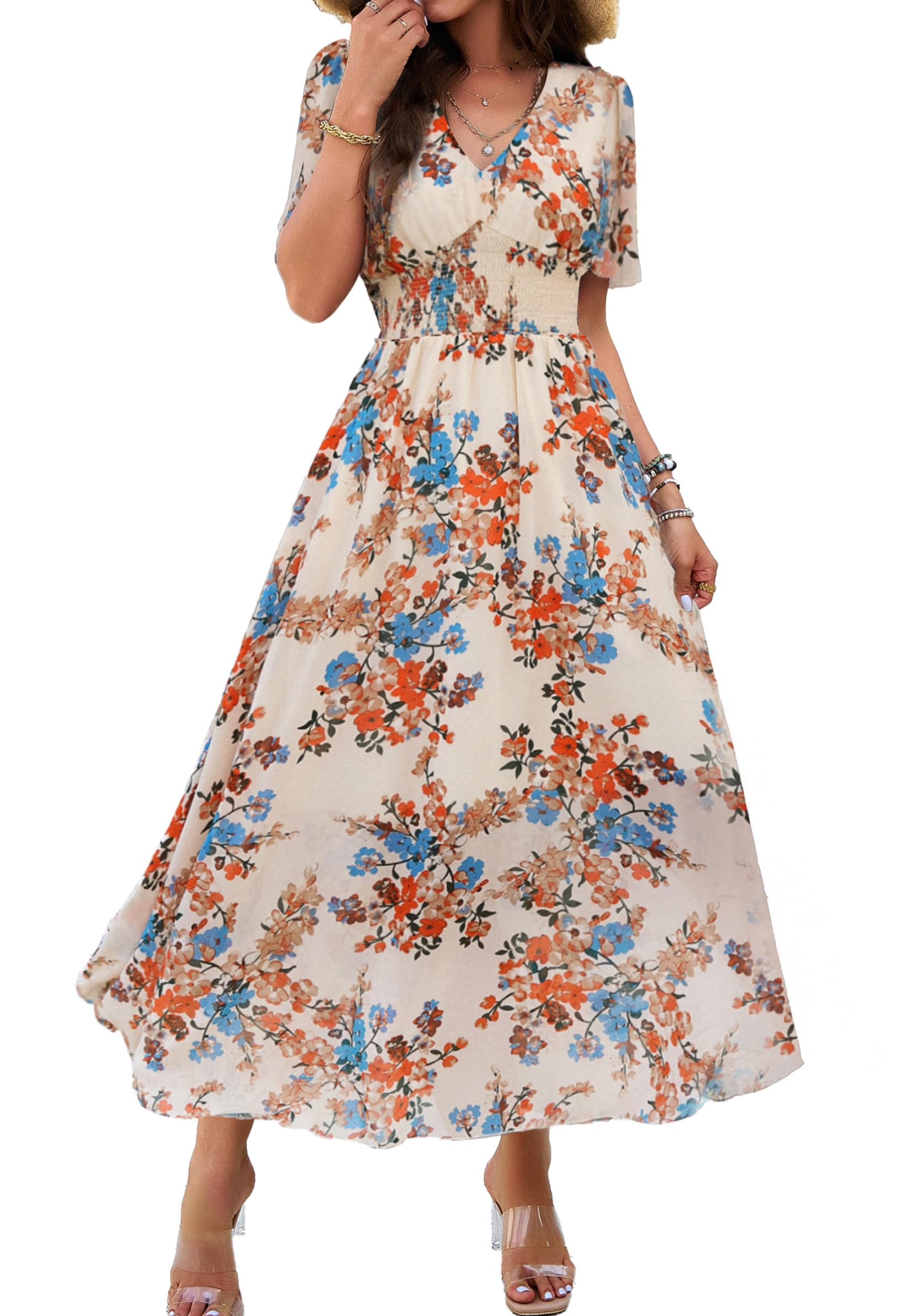Galocmo Women Floral Maxi Dress, V-Neck Short Sleeve Empire Waist ...