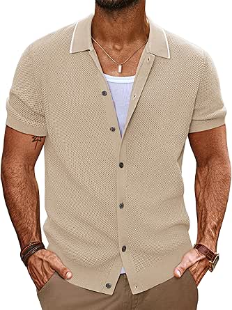 Amazon.com: PJ PAUL JONES Men's Knit Button Down Shirts Short Sleeve Vintage Polo Shirt Casual ...