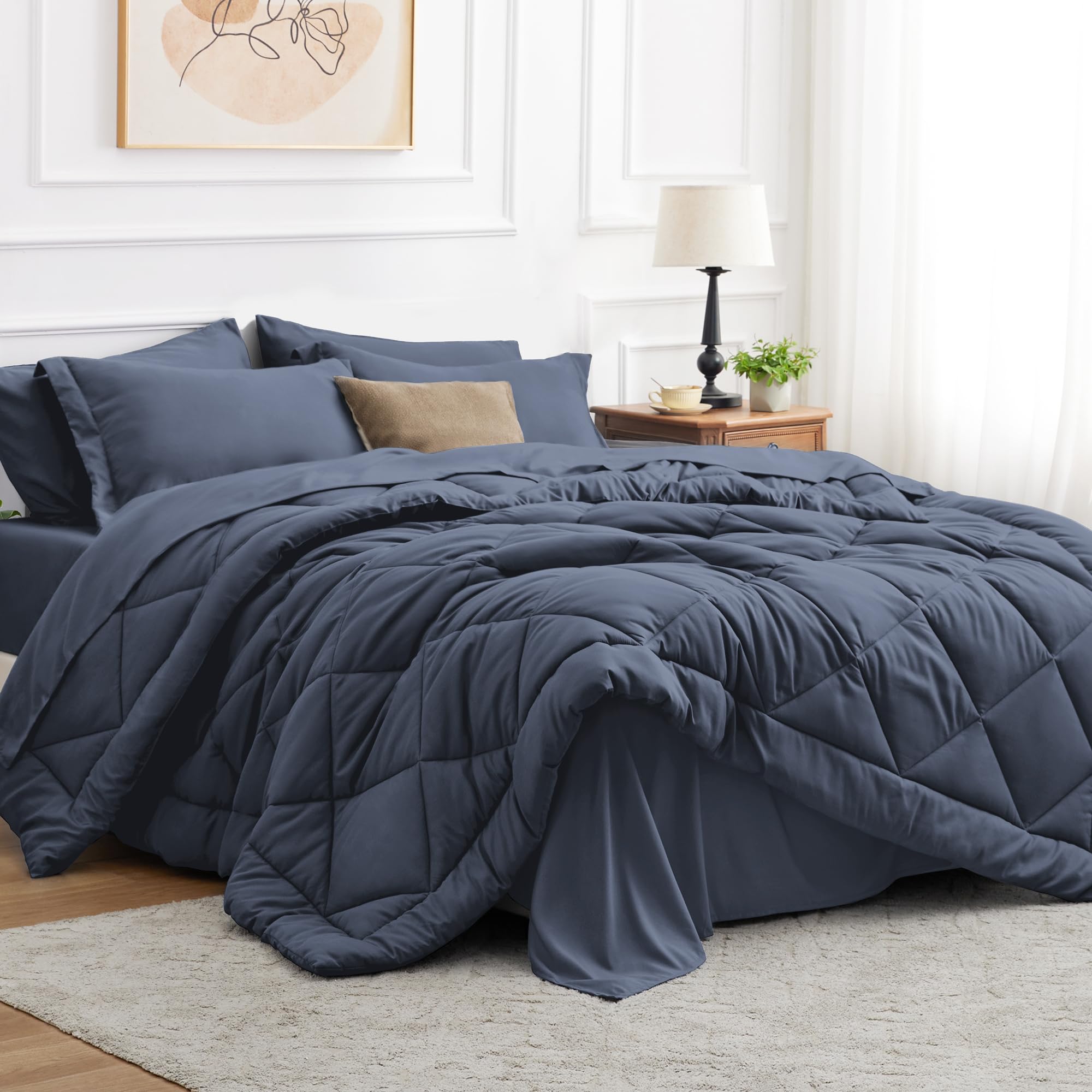 Amazon.com: Love's cabin King Size Comforter Set Navy Blue, 7 Pieces ...