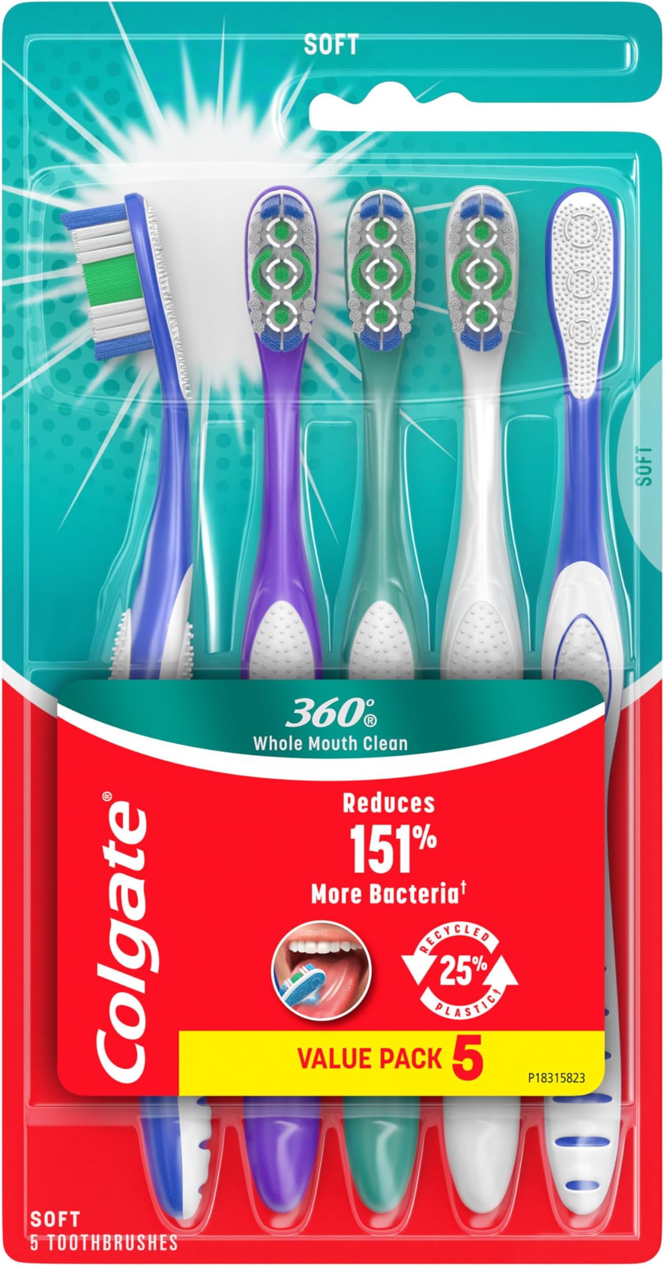 Amazon.com : Colgate 360 Whole Mouth Clean Toothbrush, Adult Soft ...