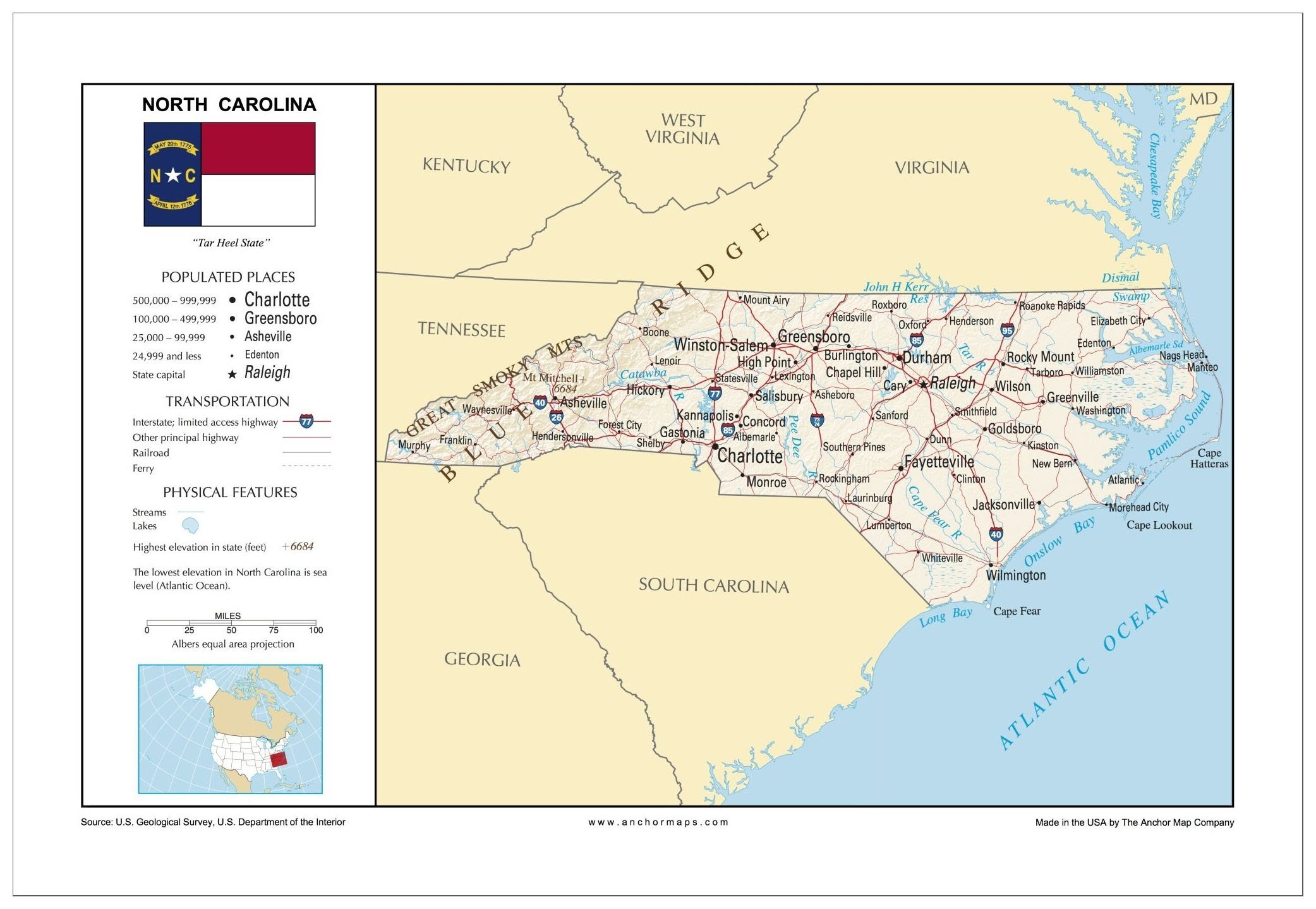Amazon.com: 13x19 North Carolina General Reference Wall Map - Anchor ...