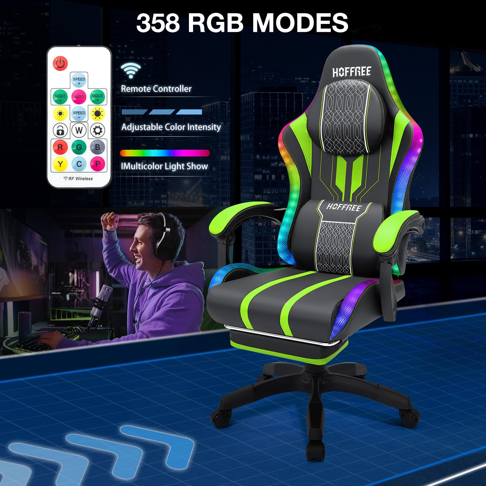 HOFFREE Led Gaming Chair Massage with Speakers Big and Tall Video Game ...