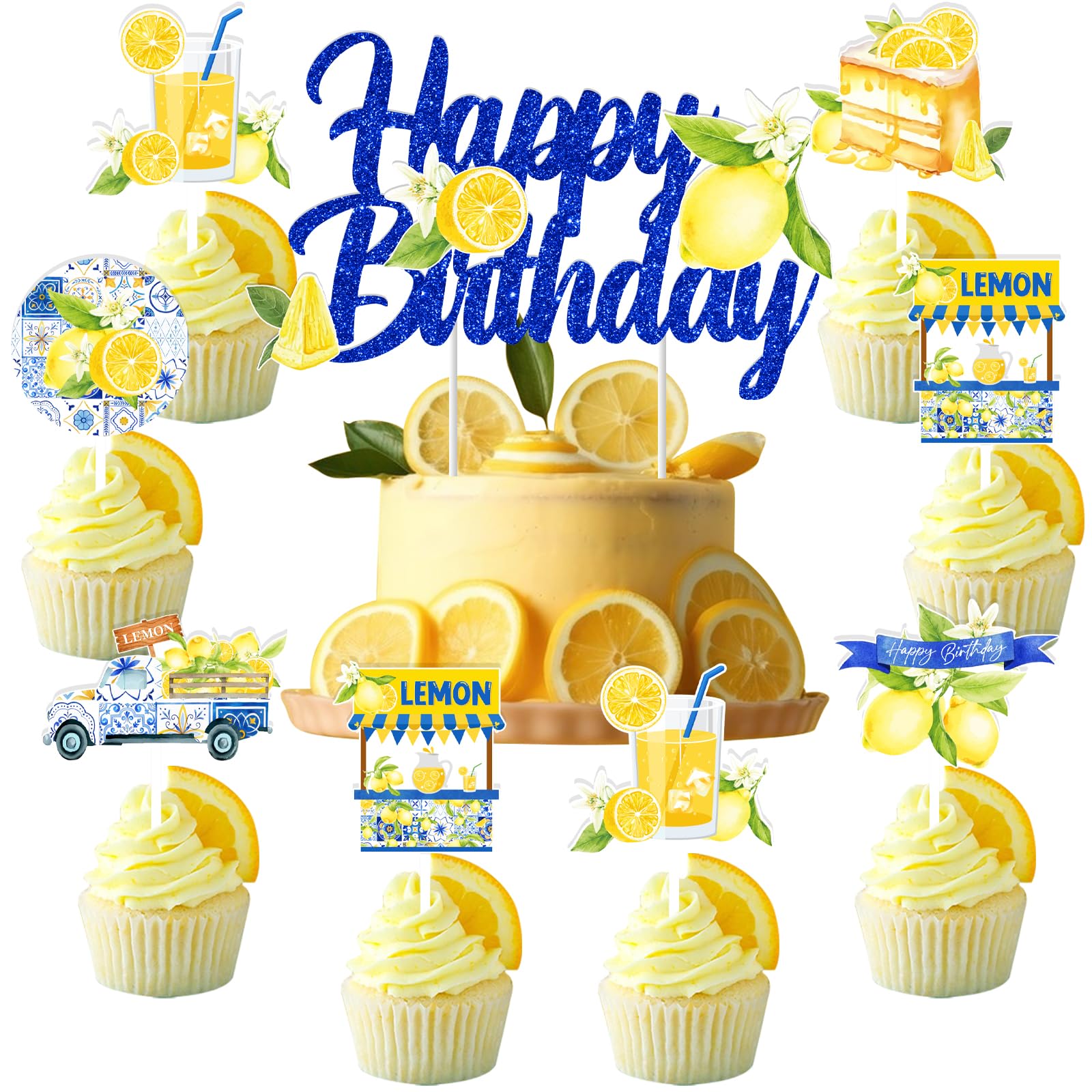 25 Pcs Blue Tile And Lemon Birthday Cake Decorations Lemon | Desertcart ...