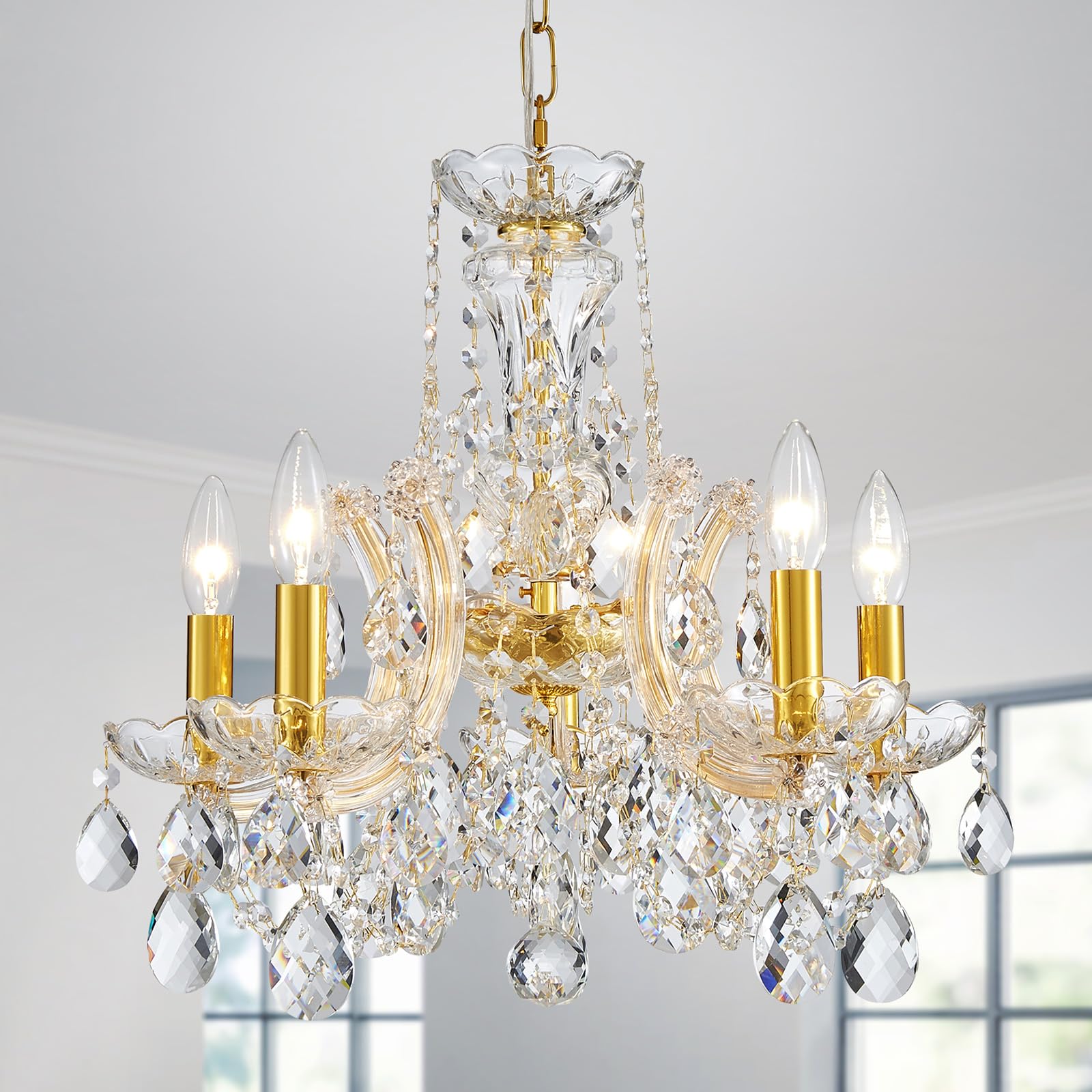 ElegLumi 5-Lights Gold Crystal Chandeliers, Modern Design, Crystal ...