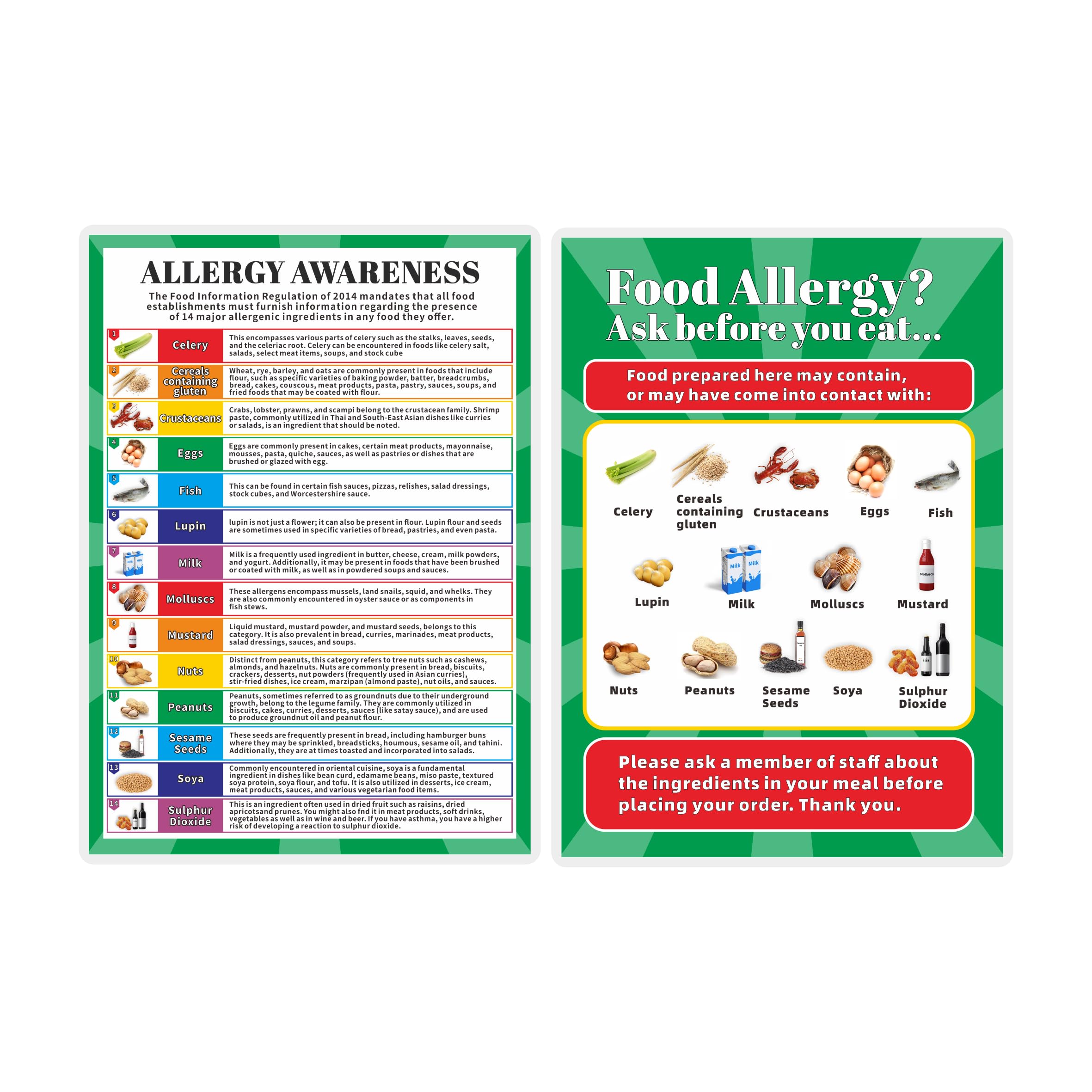 2 PCS Food Allergy Awareness Poster A4 Laminated Stay Safe with 14 ...