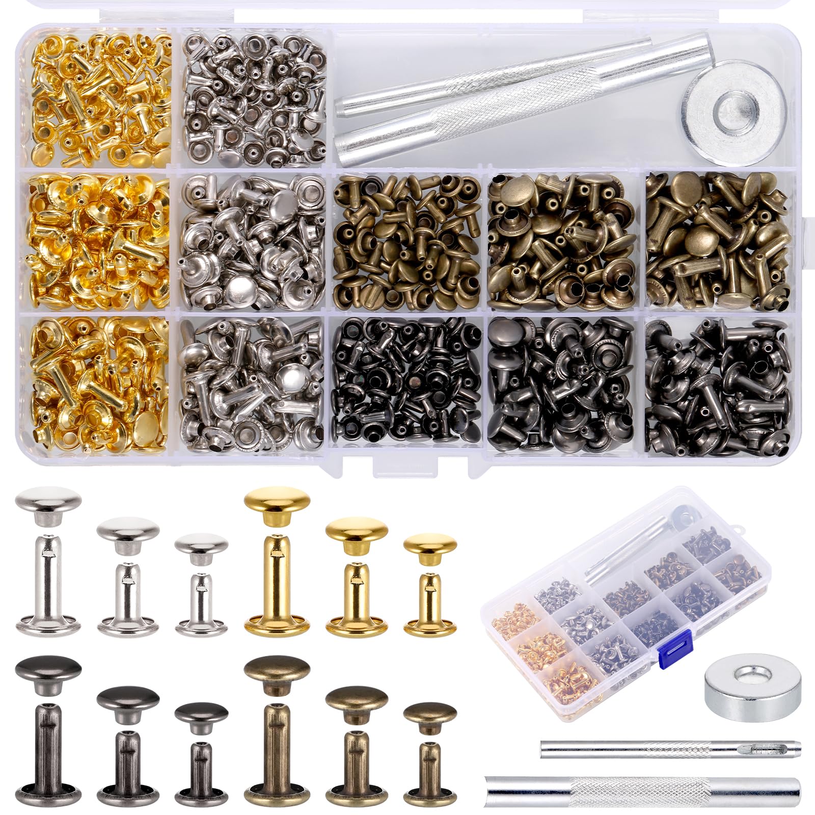 Zocipro 240Pcs Leather Rivets Kit, 3 Sizes Metal Double Cap Tubular ...