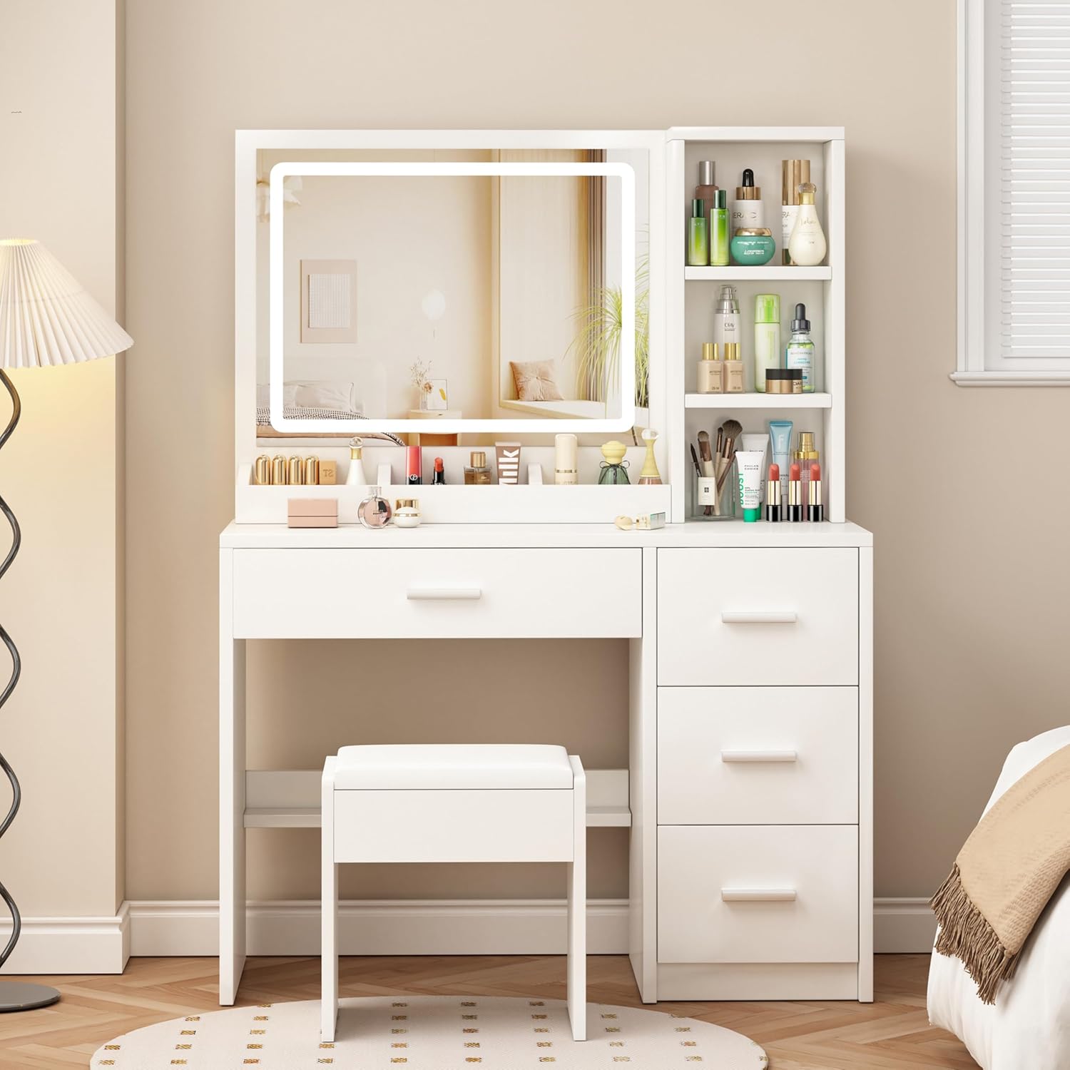 Amazon.com: OTOQS Vanity Desk with Vanity Mirror and Lights, 4 Drawers ...