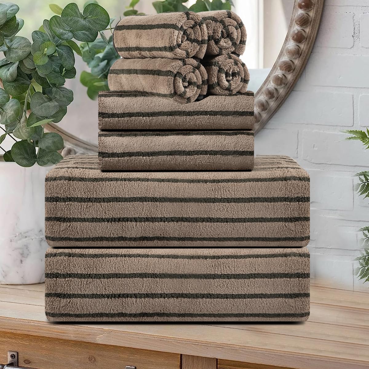 Amazon.com: 8 Pcs Brown Cabana Stripe Large Bath Towel Set Oversized ...