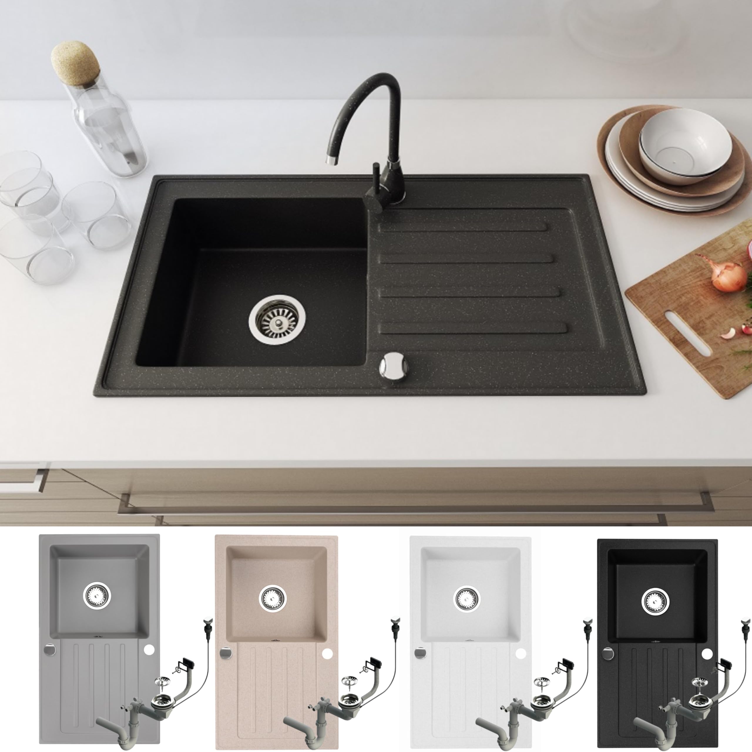Faizee Möbel Granitspüle 76x44 Küchenspüle Eckig Spülbecken inkl ...
