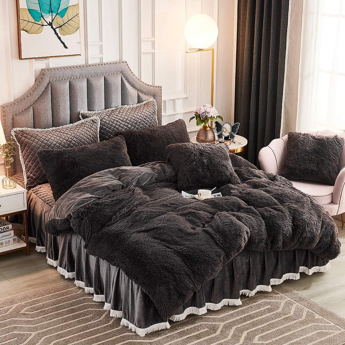Amazon.com: JAUXIO Luxury Long Faux Fur Bedding Set Shaggy Comforter ...
