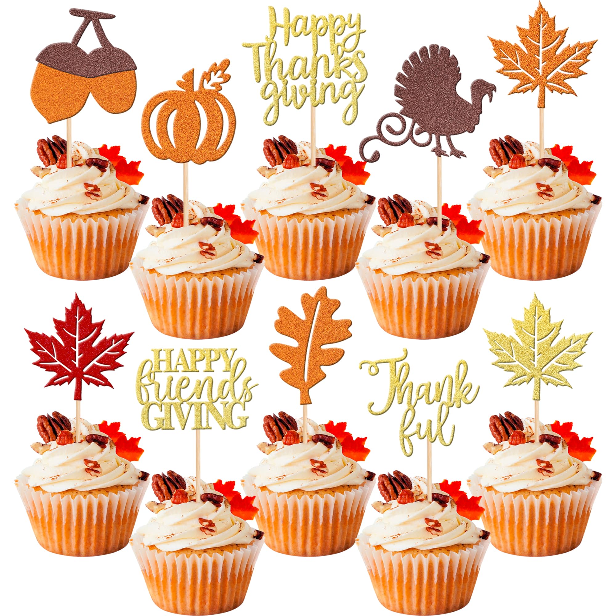 Amazon.com: 30 PCS Thanksgiving Cupcake Toppers Glitter Turkey Maple ...