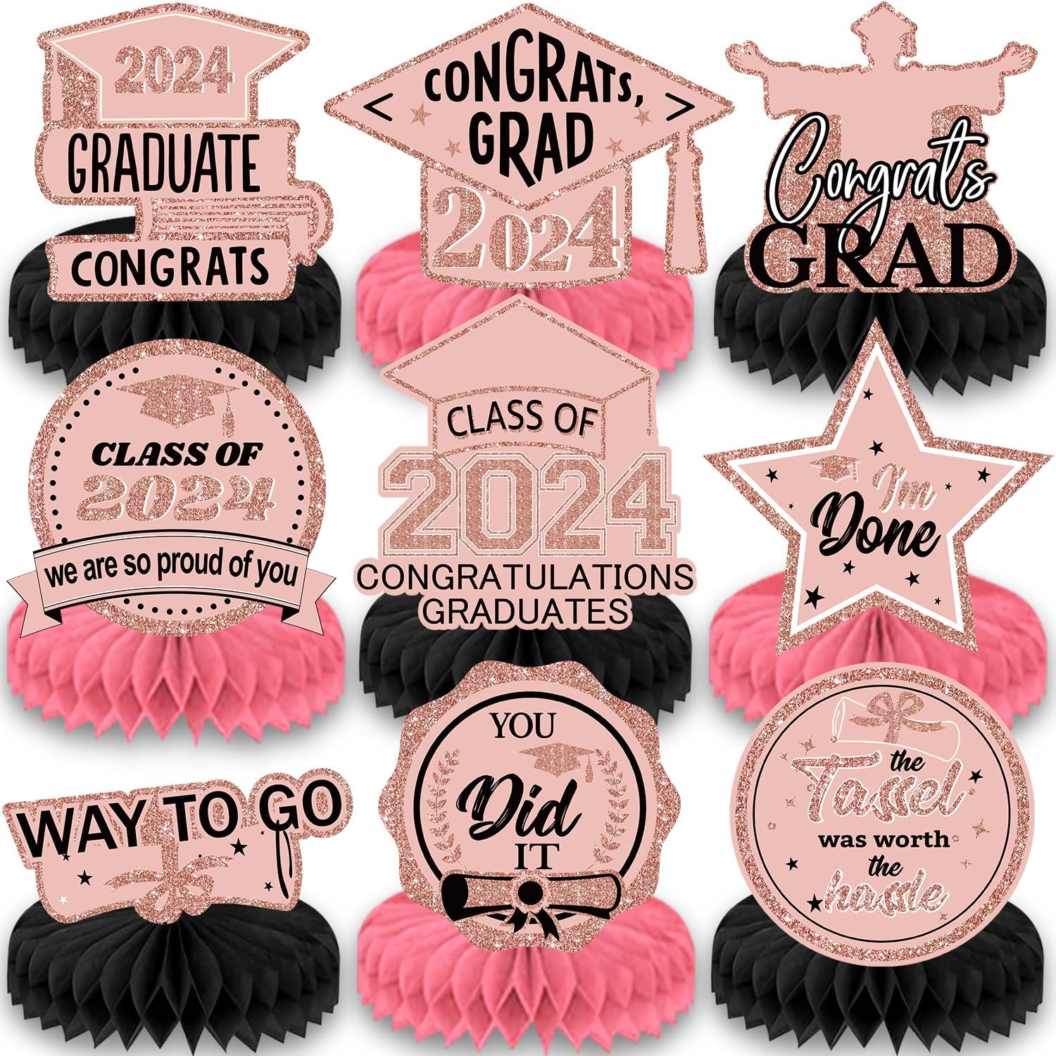 Amazon.com: 9pcs Pink Graduation Decorations Class of 2024 Honeycomb ...