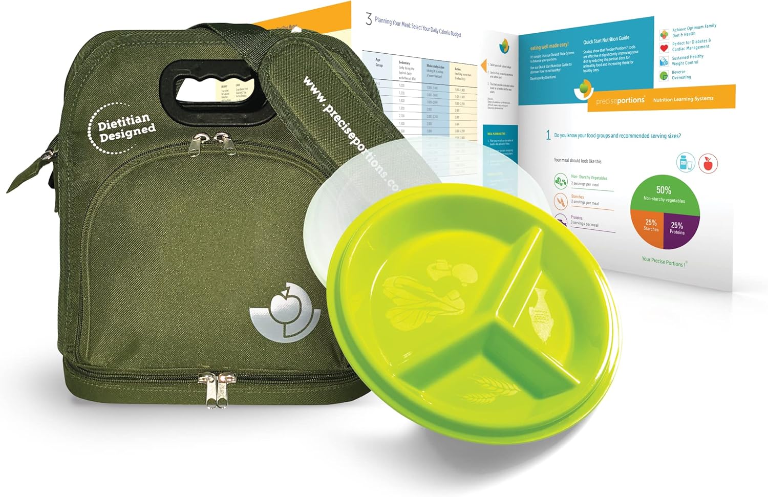 Amazon.com: Precise Portions Green Lunch Bag, 3 Compartment Lunch Box ...