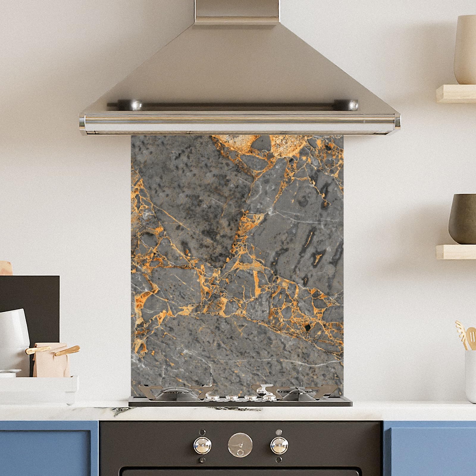 Premium 60 cm x 75cm Grey Marble Glass 6mm Kitchen Splashback Heat ...