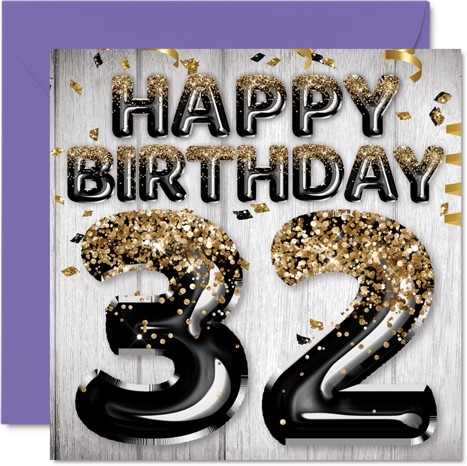 32nd Birthday Card for Men - Black & Gold Glitter Balloons - Happy ...