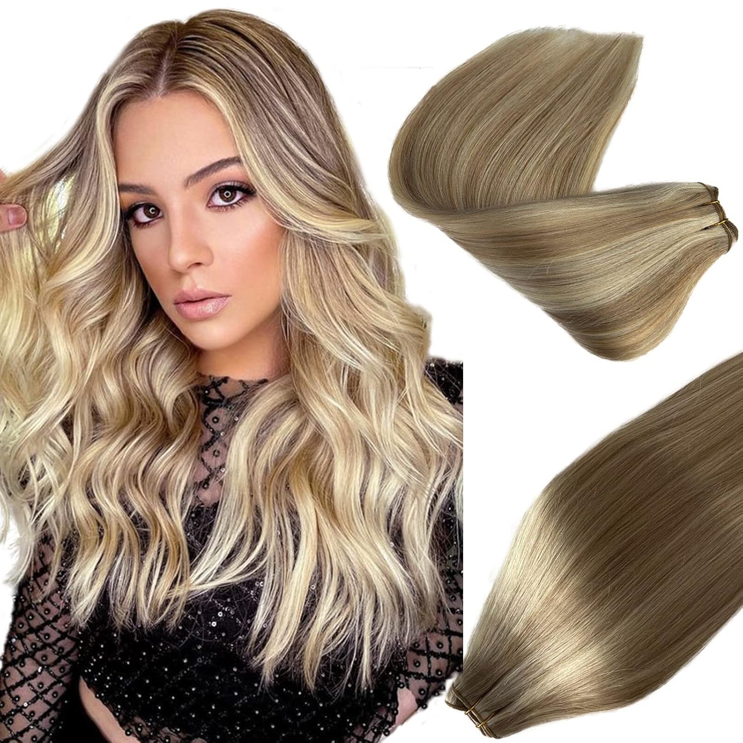 Amazon.com : Ombre Sew in Hair Extensions Real Human Hair, Light Brown ...