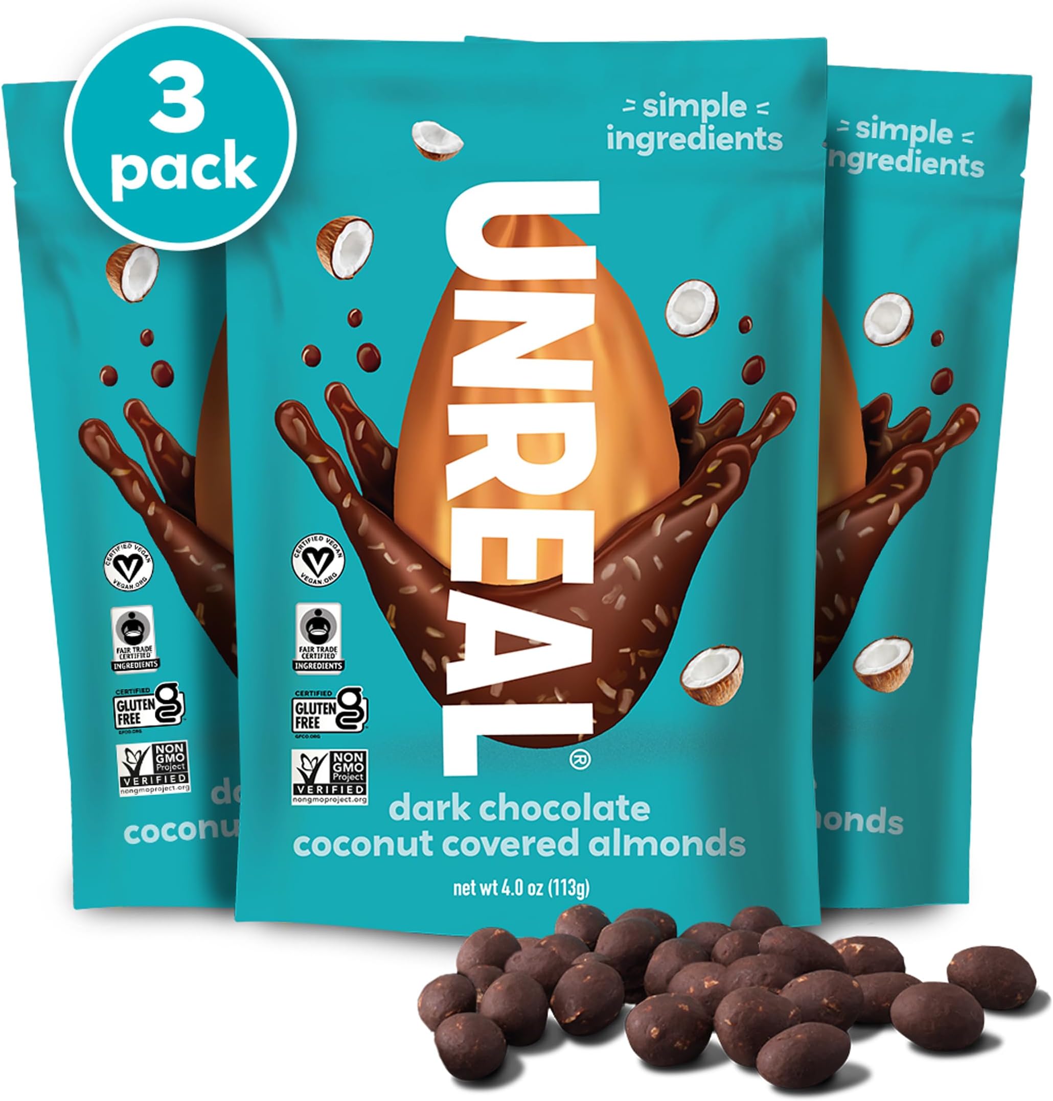 Amazon.com : UNREAL Dark Chocolate Coconut Almonds (3 Pack) - Certified Vegan, Gluten Free, Fair ...