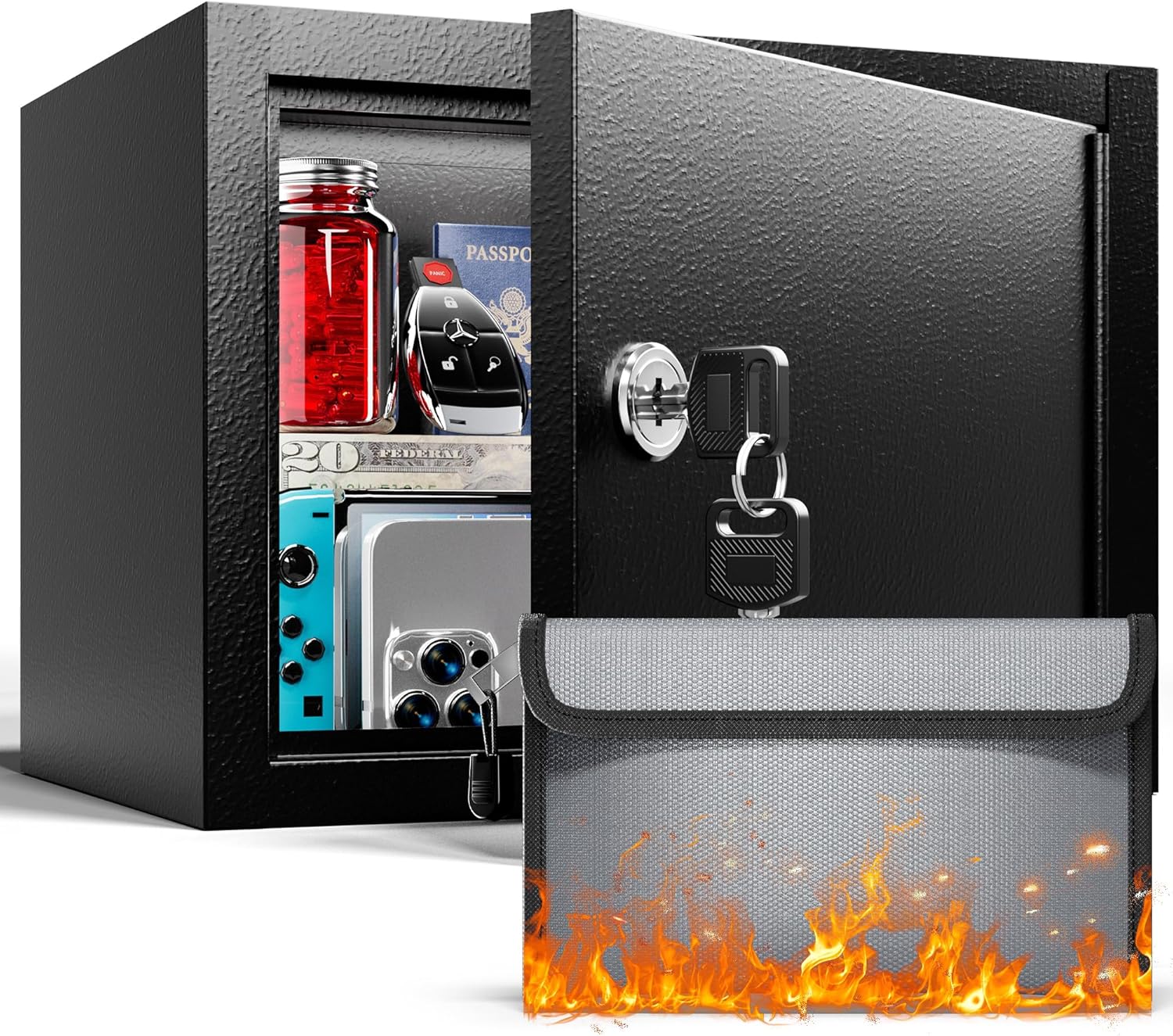 4.6L Fireproof Waterproof Mini Kids Safe Box, Small Safe Box with Key ...