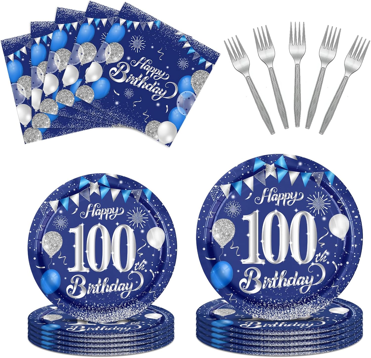 Amazon.com: Funhax 96 PCS 100th Birthday Party Supplies Blue and Silver ...