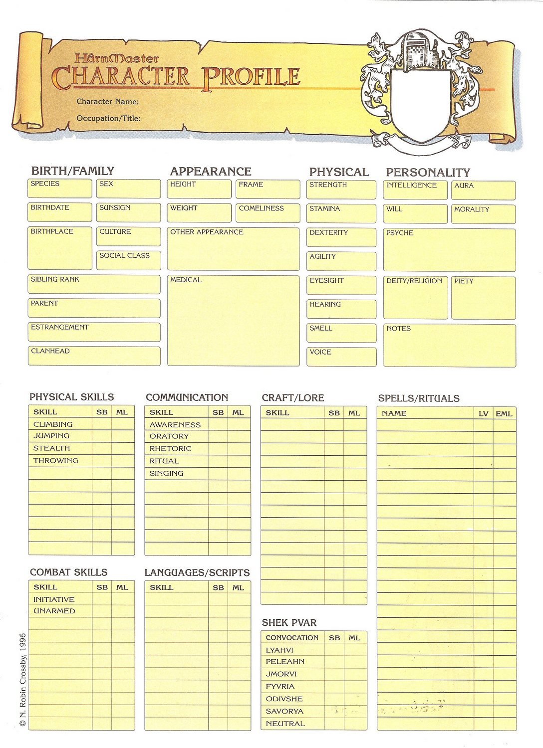 Harnmaster Character Profile Character Sheets Unknown Author Books