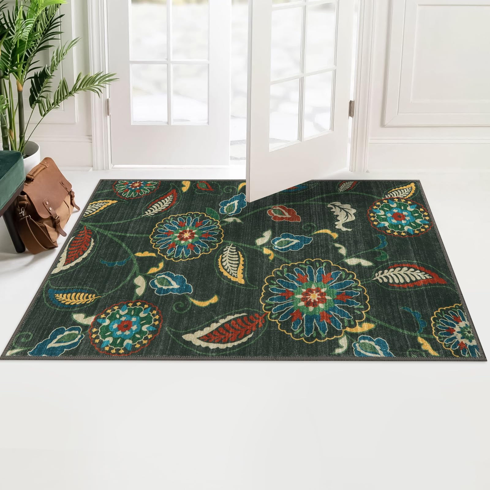 Lahome Floral Washable Entryway Rugs Indoor, Green 3x5 Rugs for Bedroom ...