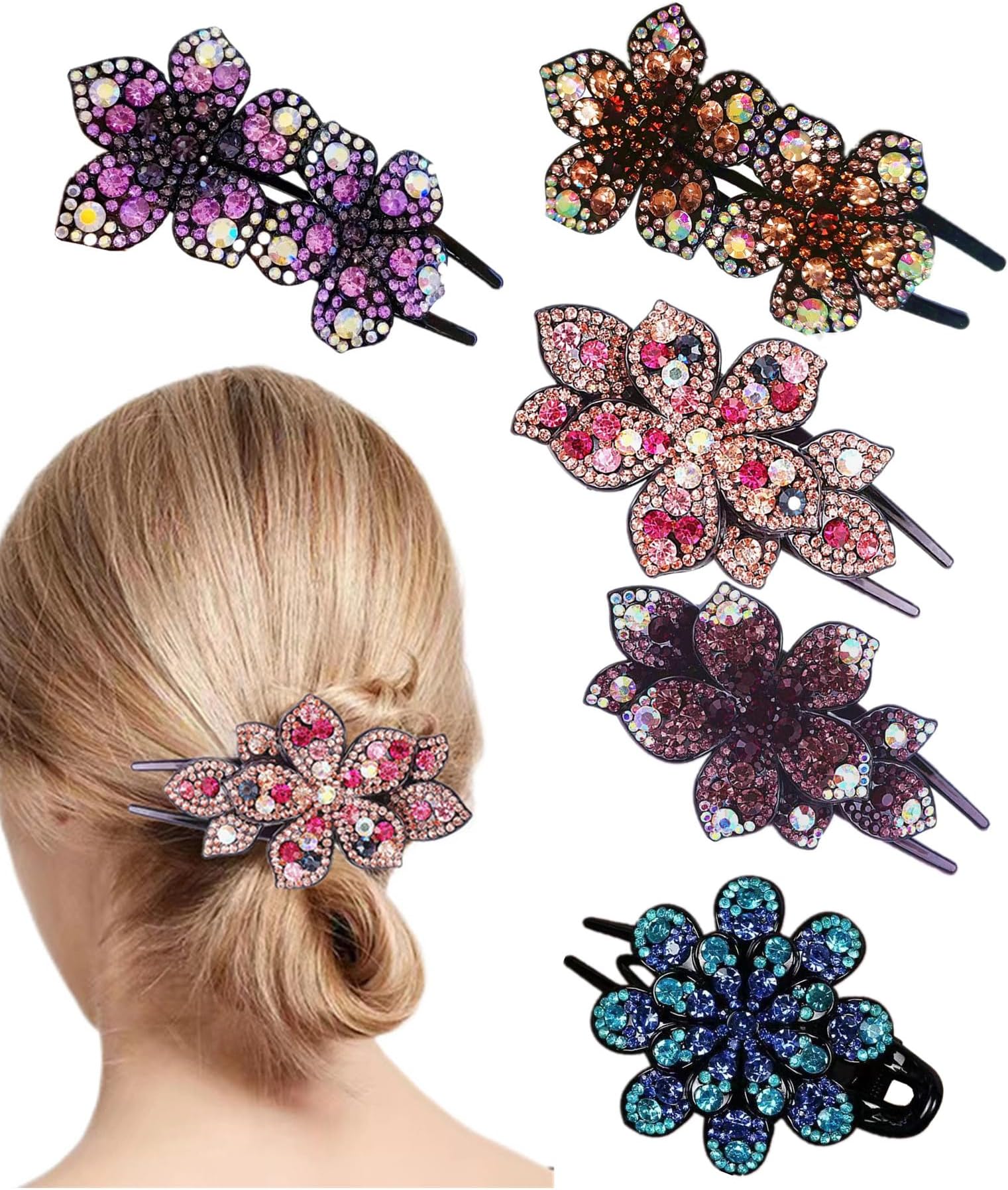 Amazon.com : 5 Pcs double flower decorative jeweled rhinestone hair ...