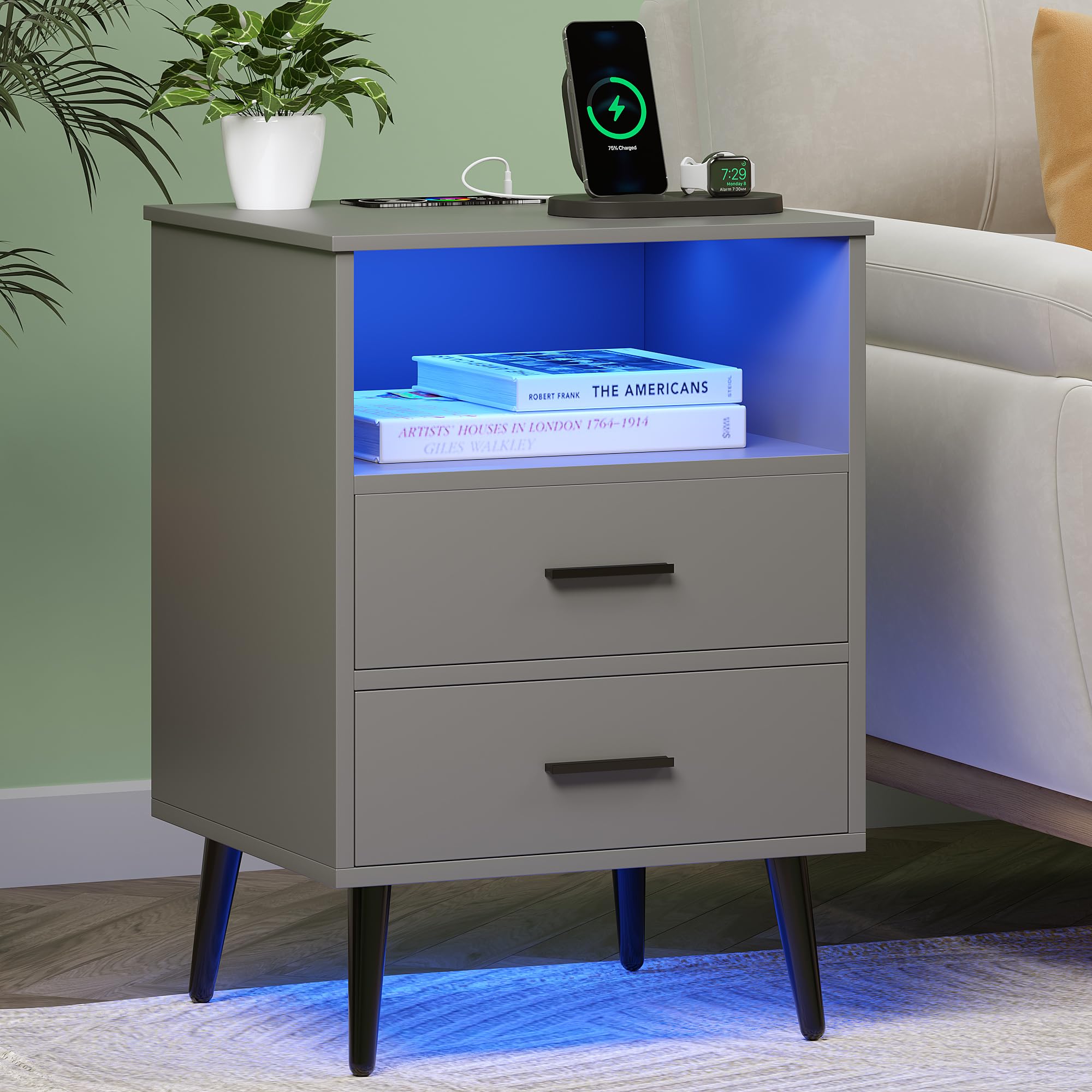 Amazon.com: FREDEES Grey Night Stand with Charging Station and LED ...