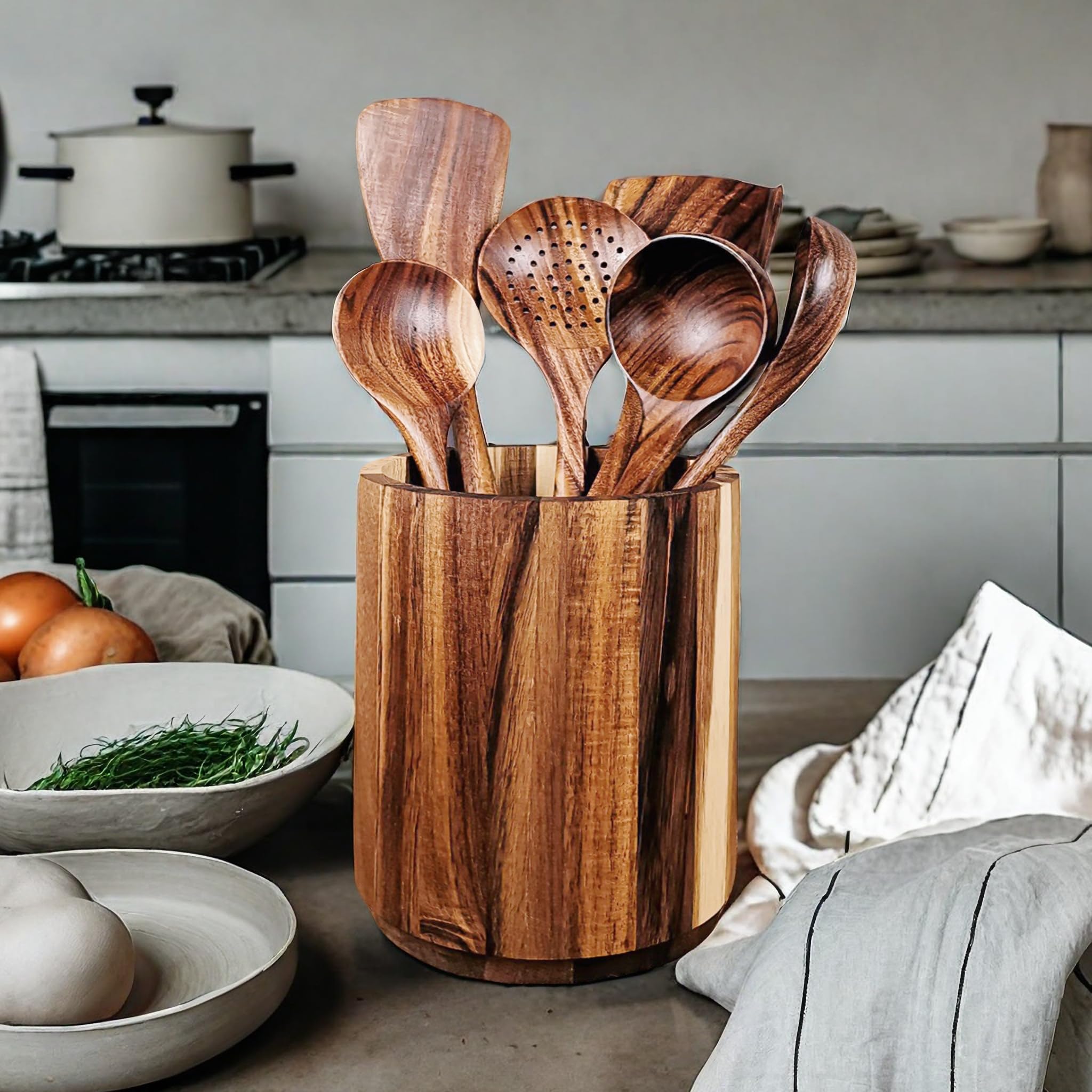 Amazon.com: Rissbey Acacia Wood Utensil Holder - 360 Rotating, Large ...