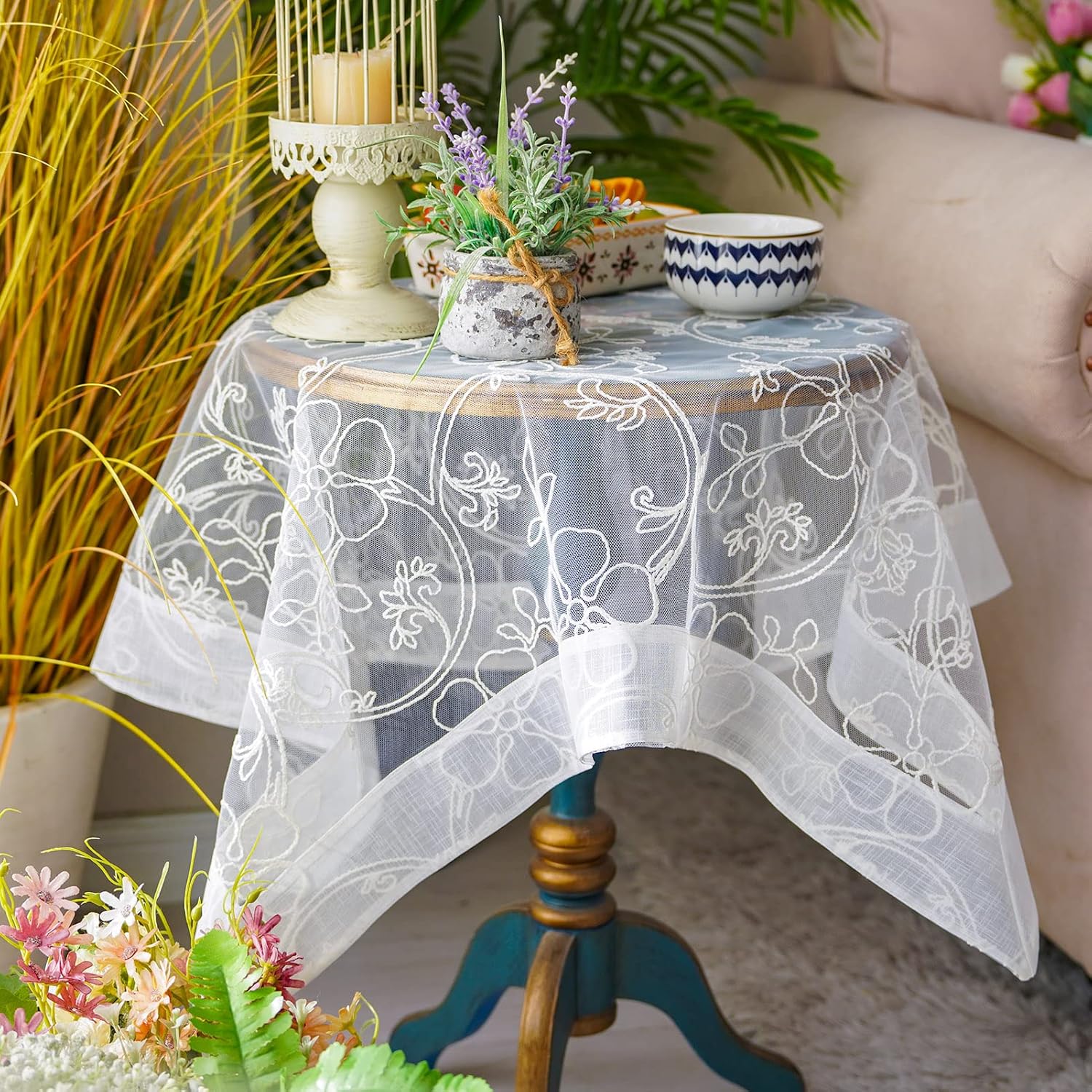 Amazon.com: ARTABLE White Wedding Lace Tablecloth Organza Hem Small ...