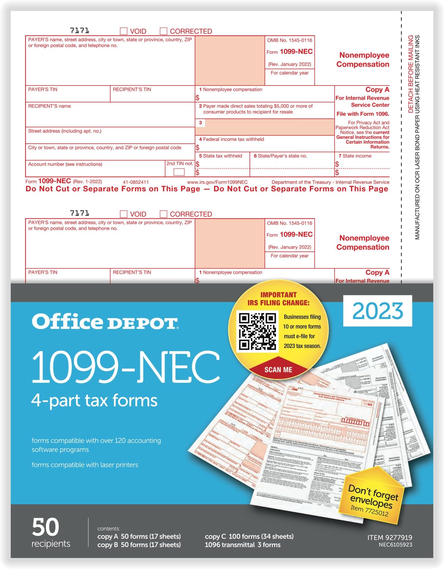 Amazon.com : Office Depot® Brand 1099-NEC Laser Tax Forms, 4-Part, 3-Up ...