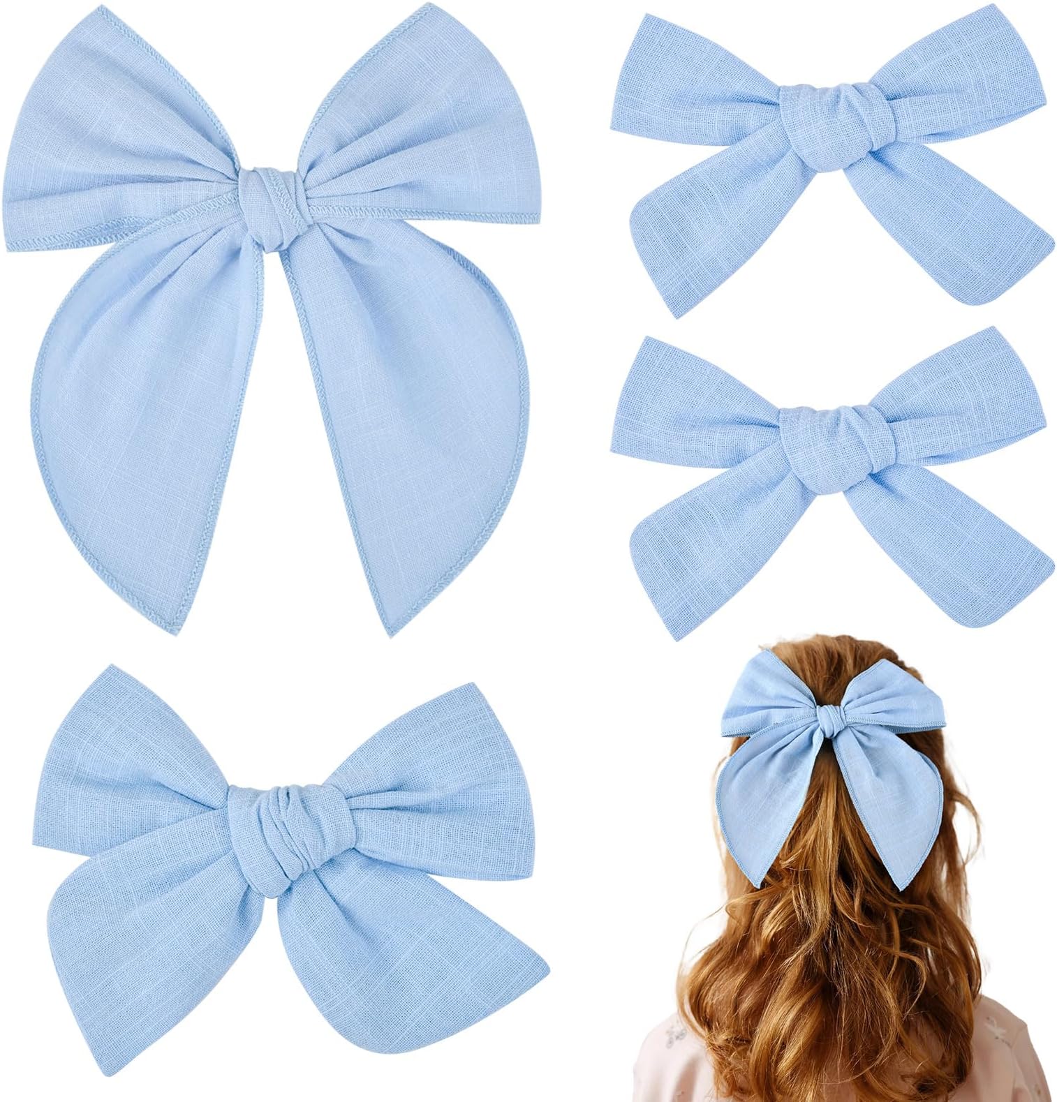 Amazon.com: DEEKA 4 PCS Blue Cotton Linen Hair Bows 3 Styles 5" & 4 ...